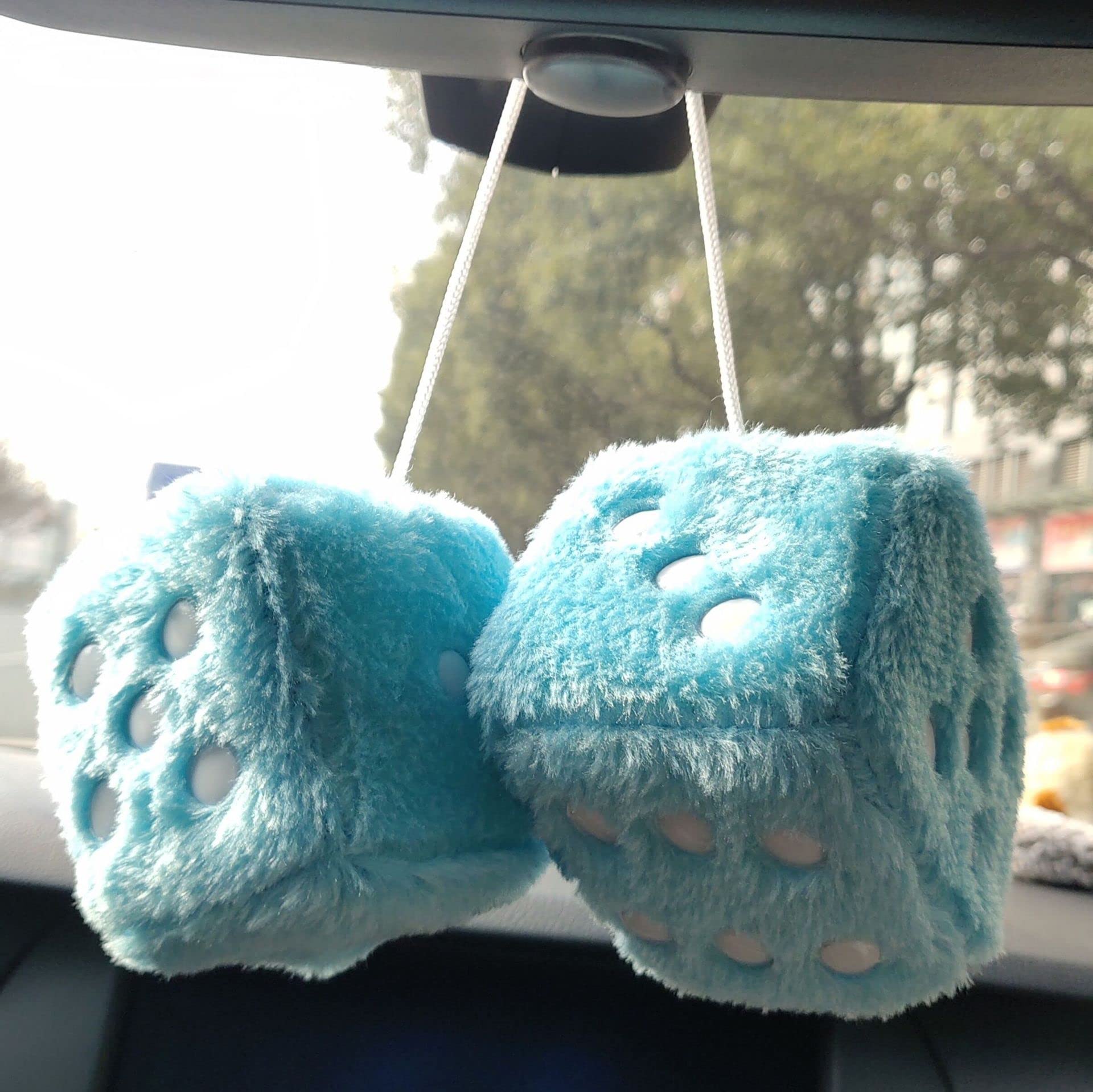 Pair 3β Purple with White Dots Mirror Fuzzy Plush Dice, Purple and White Soft Plush Car Decorative Hanging Ornament.