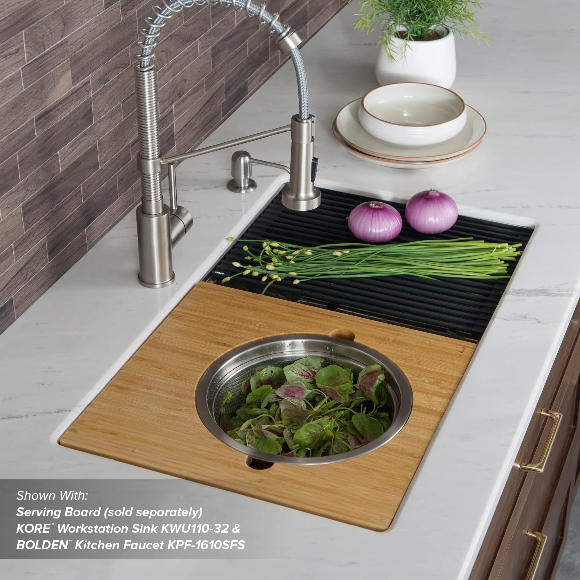Kraus KSC-1003BB Kore Bamboo Serving Bowl Workstation Sink, 3 Round