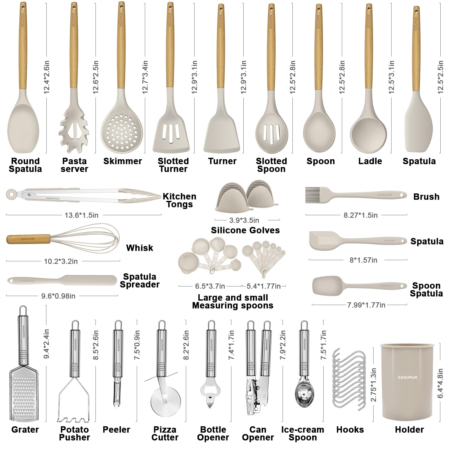 KESUPAIR Silicone Kitchen Utensils Set, 46 pcs Cooking Utensils Set-Silicone Spatula Set- Kitchen Gadgets and Tools with Holder-Wooden Handle Silicone Kitchen Utensil with Tongs,Grater (Khaki)