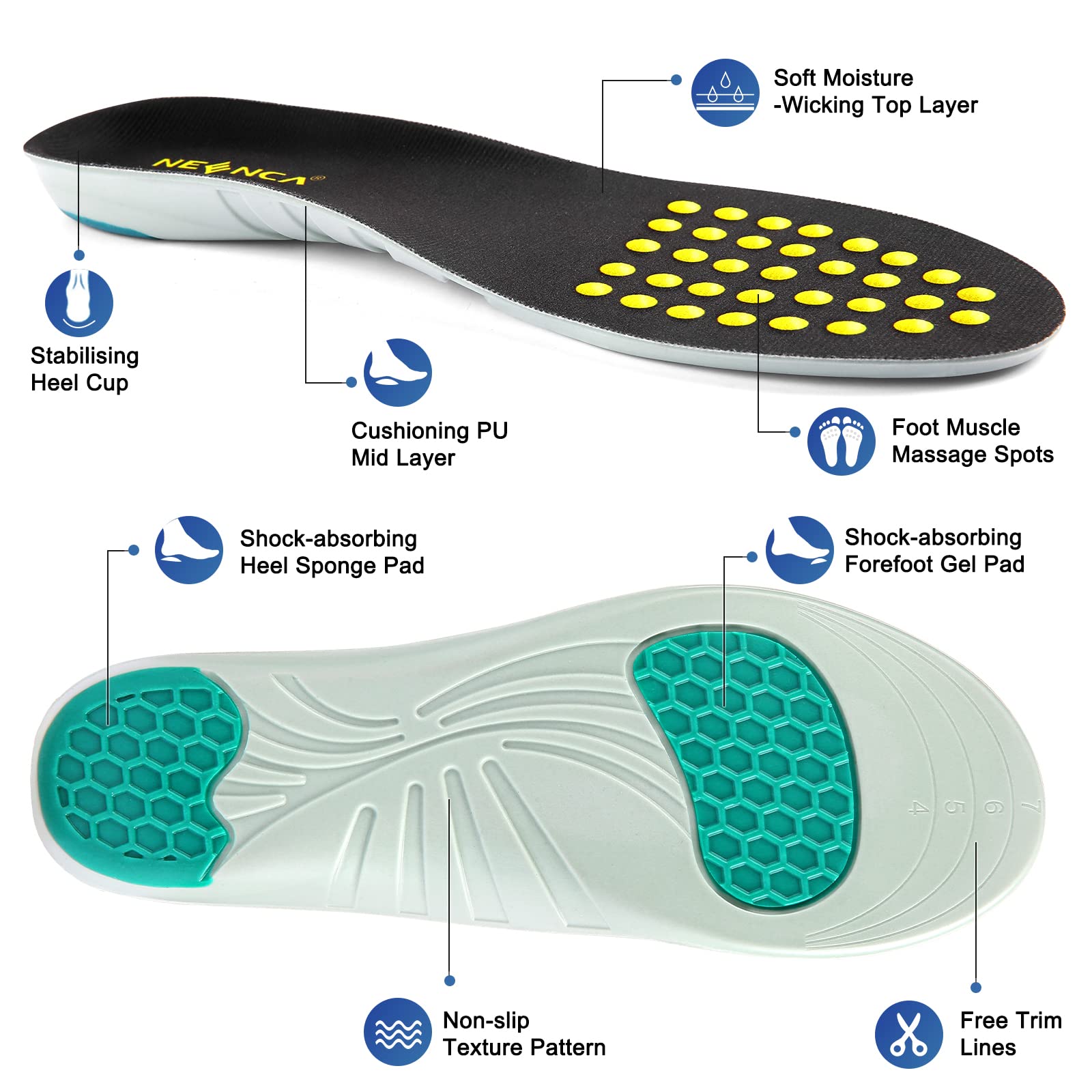 NEENCA Professional Shoe Insoles, Comfort Memory Foam Cushioned Shoe Inserts, Medical Grade Shock Absorption Boot Insoles, Soft Support for Arch/Foot/Heel Pain Relief, Everyday Use