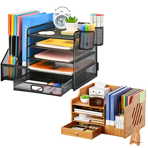 Marbrasse Mesh Desk Organizer with File Holder + Wooden Paper Letter Tray Organizer with Drawer and Pen Holder