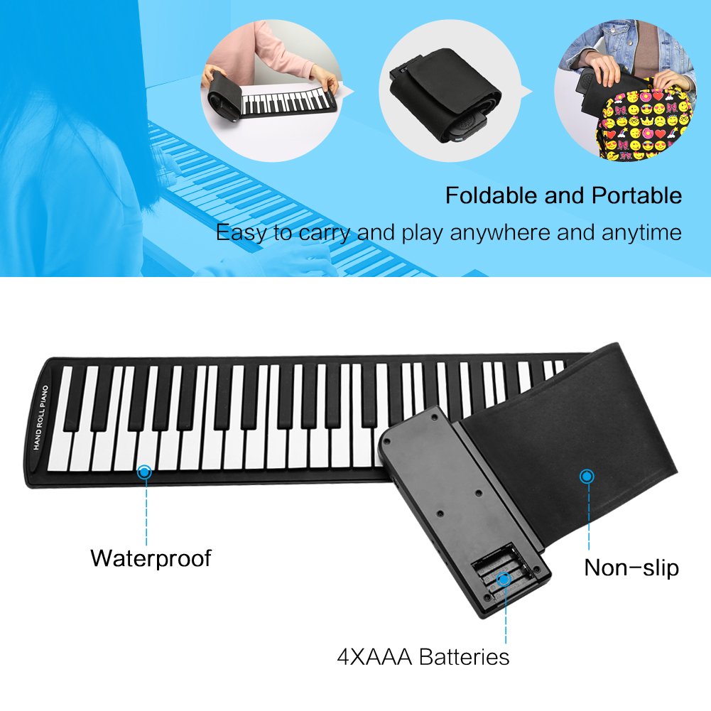 Lujex 61 Keys Double Speaker Roll Up Piano Upgraded Portable Rechargeable Electronic Hand Roll Piano With Environmental Silicone Piano Keyboard for Beginners (Black)