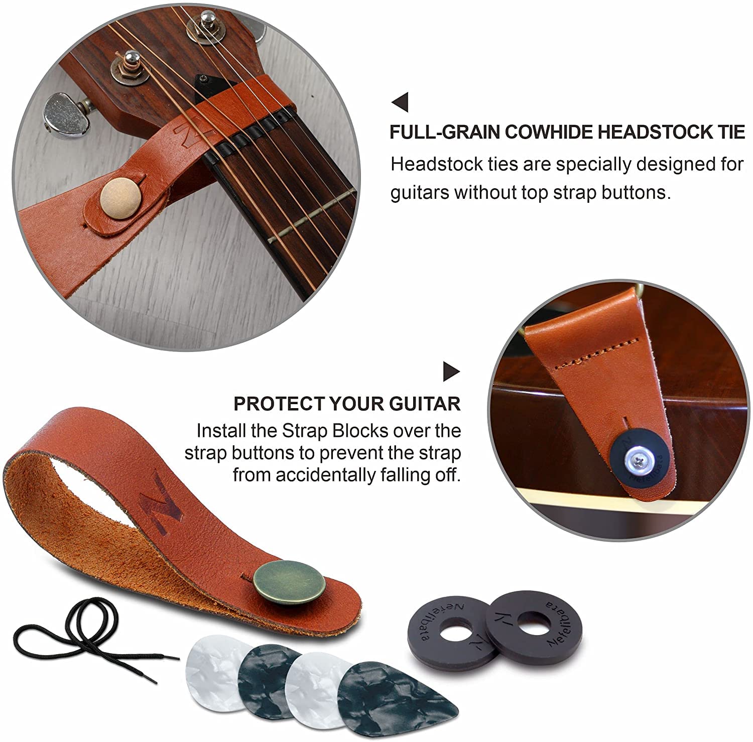 Nefelibata Guitar Strap with Pick Pocket, Vintage Nylon Full Grain Leather Ends Guitar Straps for Bass, Electric & Acoustic Guitar, with Strap Button, 1 Pair Strap Locks and 4 Guitar Picks (Beige)