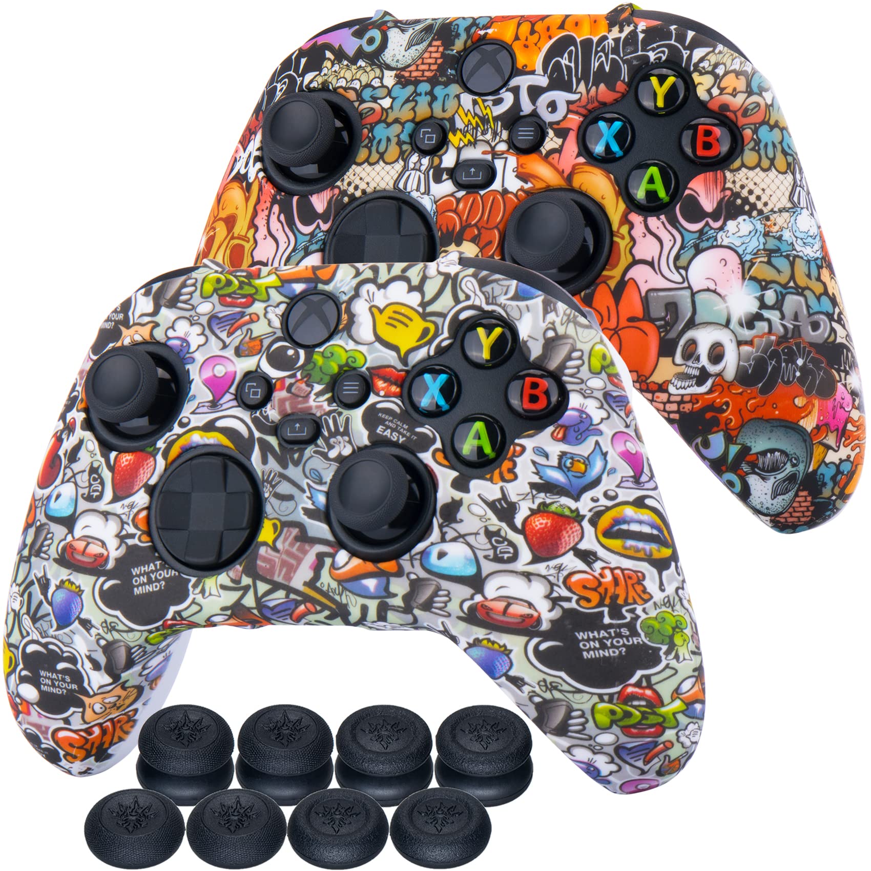 MXRC Silicone Rubber Printing Cover Skin Case x 1 Anti-Slip Customize for Xbox Series X/S Controller x 2(Street Art Pack) + Thumb Grips x 8