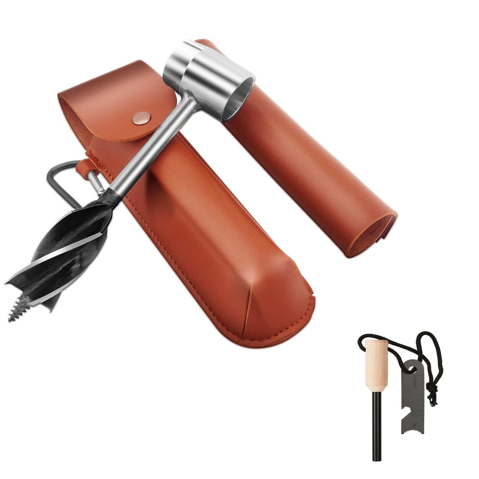 Survival Settlers Tool Bushcraft Hand Auger Wrench, Hand Auger Wrench with Flint Scotch Eye Wood Drill Peg and Manual Hole Maker Multitool with Leather Case Camping