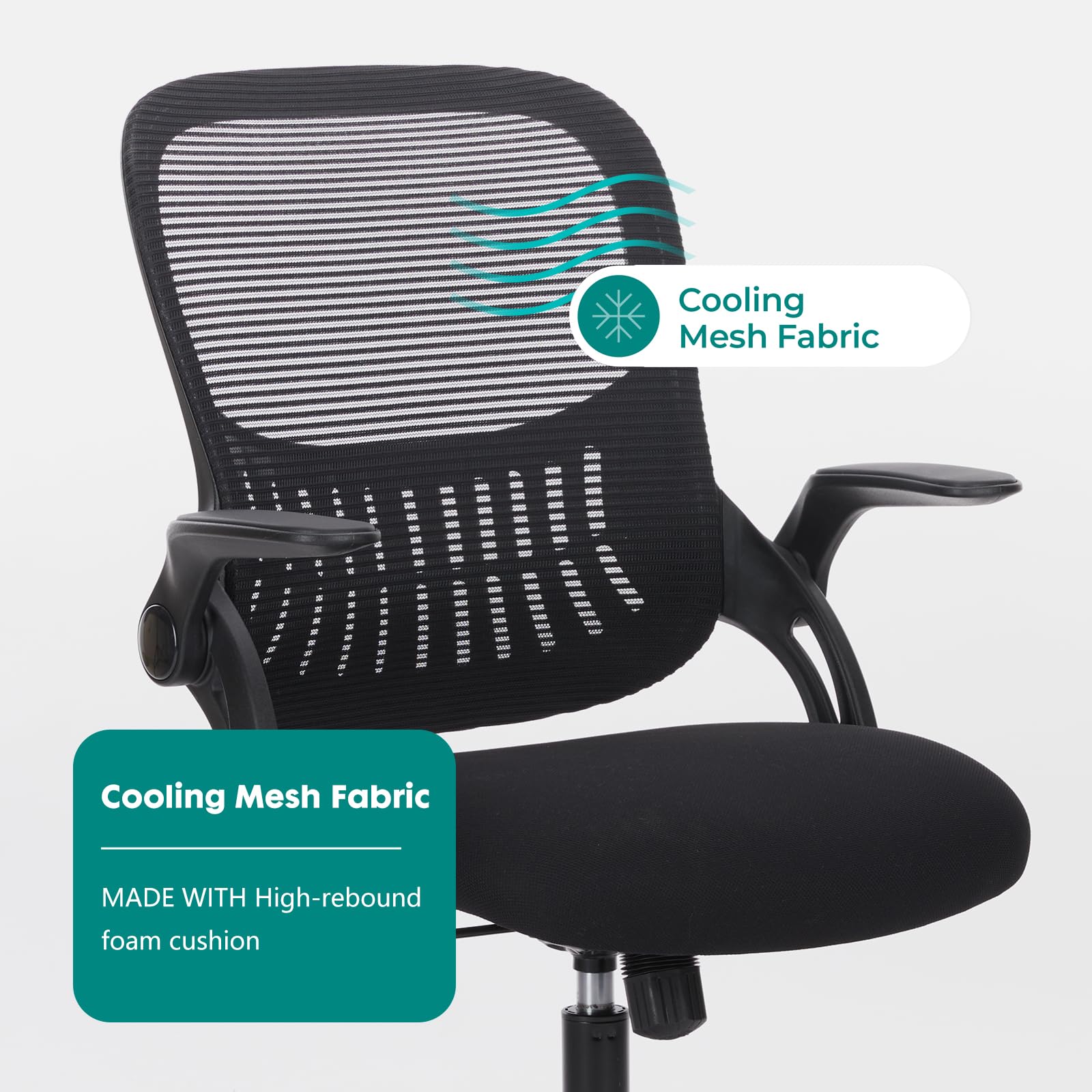 JHK Office Desk Computer Flip-up Armrests, Adjustable Height Mid Back Lumbar Support Padded Seat, Ergonomic Home 360° Swivel Rolling Rocking Mode Breathable Mesh Modern Executive Chair, Dark Black