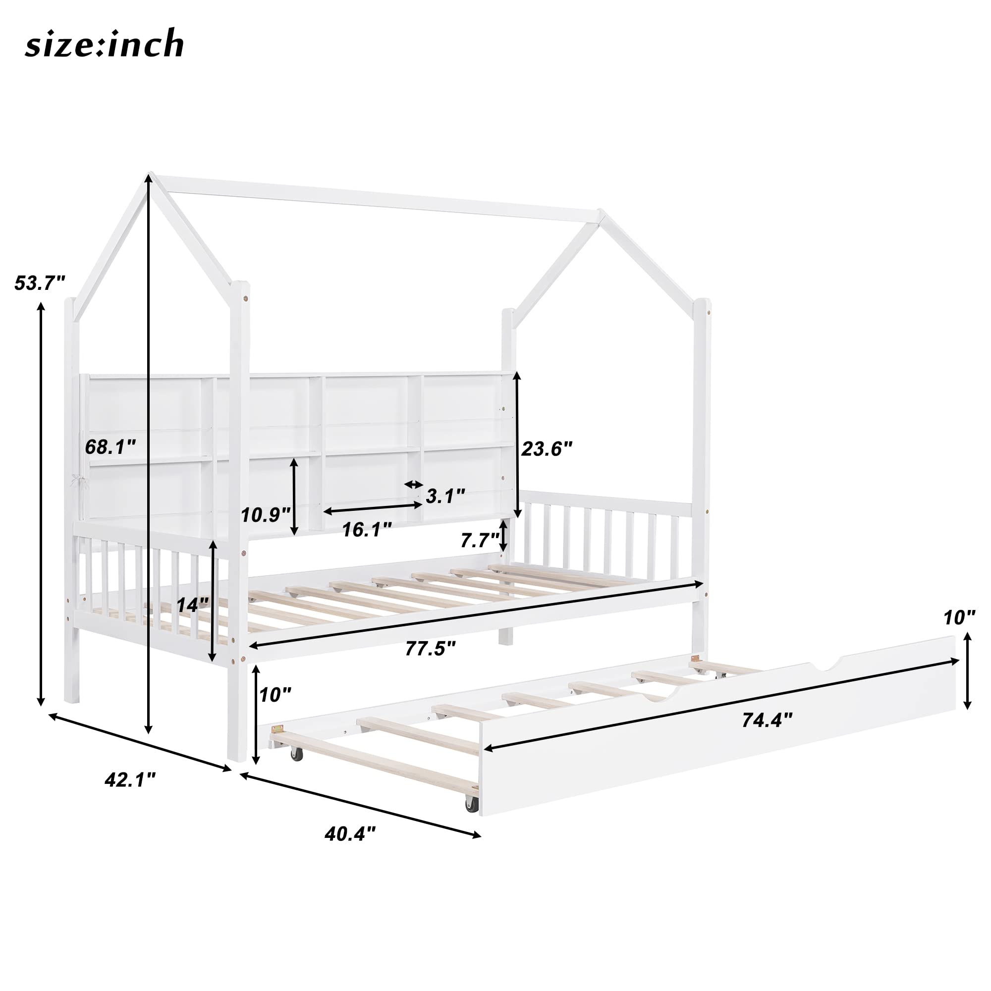 Merax Wood Twin Montessori Daybed with Trundle and Book Shelf, Low Sofa Day Bed for Boys Girls,No Box Spring Needed White