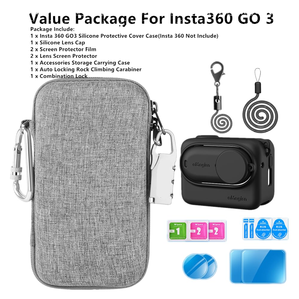 LEWOTE Accessories Kit Compatible with Insta360 GO 3 [Silicone Camera Case Cover and Lens Cap][2Pcs 3D Screen Protector Film][Carrying Case Bag with Auto Locking Carabiner and Anti-loss Lock] (Gray)
