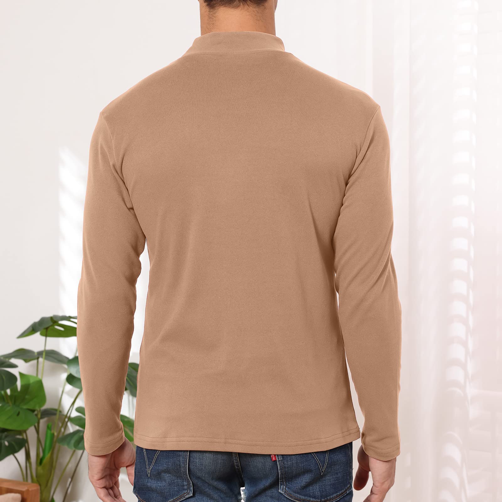 PICKLION Mens Casual Turtleneck Long Sleeve Undershirt Slim Fit Pullover Basic T-Shirts Khaki