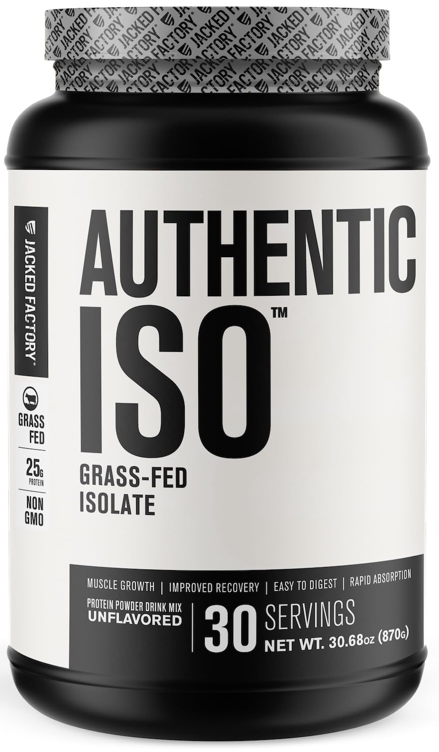 Jacked Factory Authentic ISO Grass Fed Whey Protein Isolate Powder - Low Carb, Non-GMO Muscle Building Protein w/No Fillers, Post Workout Recovery Unflavored - 2 LB 30 SV