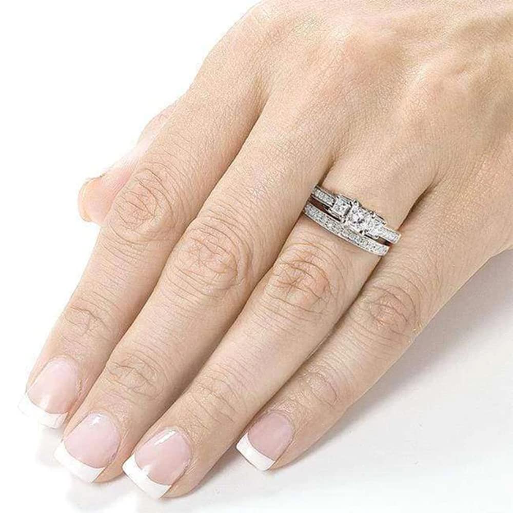Princess Cut Wedding Ring Set for Women Platinum Plated Silver 3 Stone Moissanite Bridal Ring Set Engagement Ring Set White Gold Anniversary Promise Rings for Her with Text Engraving(size 12