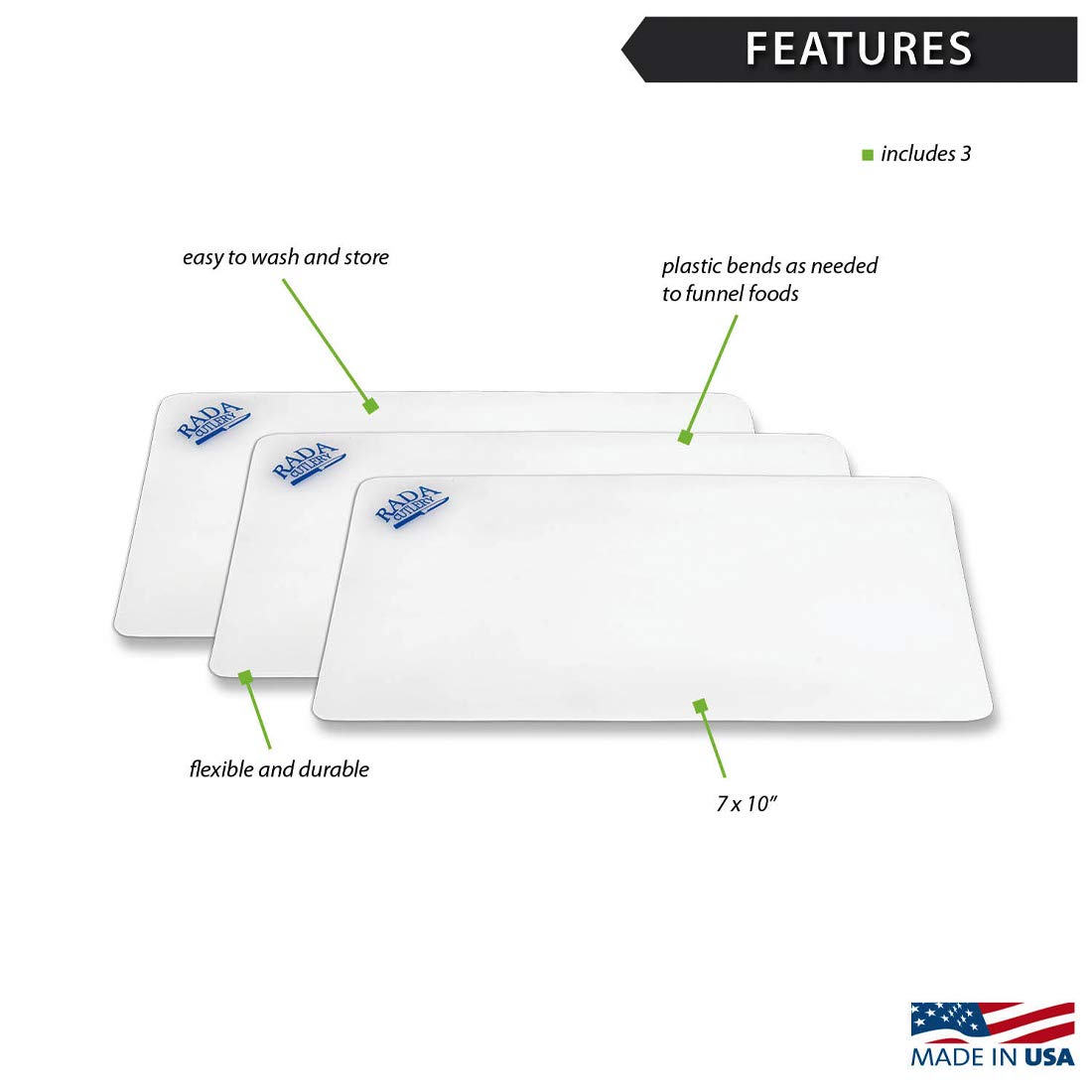 Rada Cutlery Small Plastic Cutting Flexible Dishwasher Safe Chopping Board, 7 x 10 Inches, White, 3 Pack