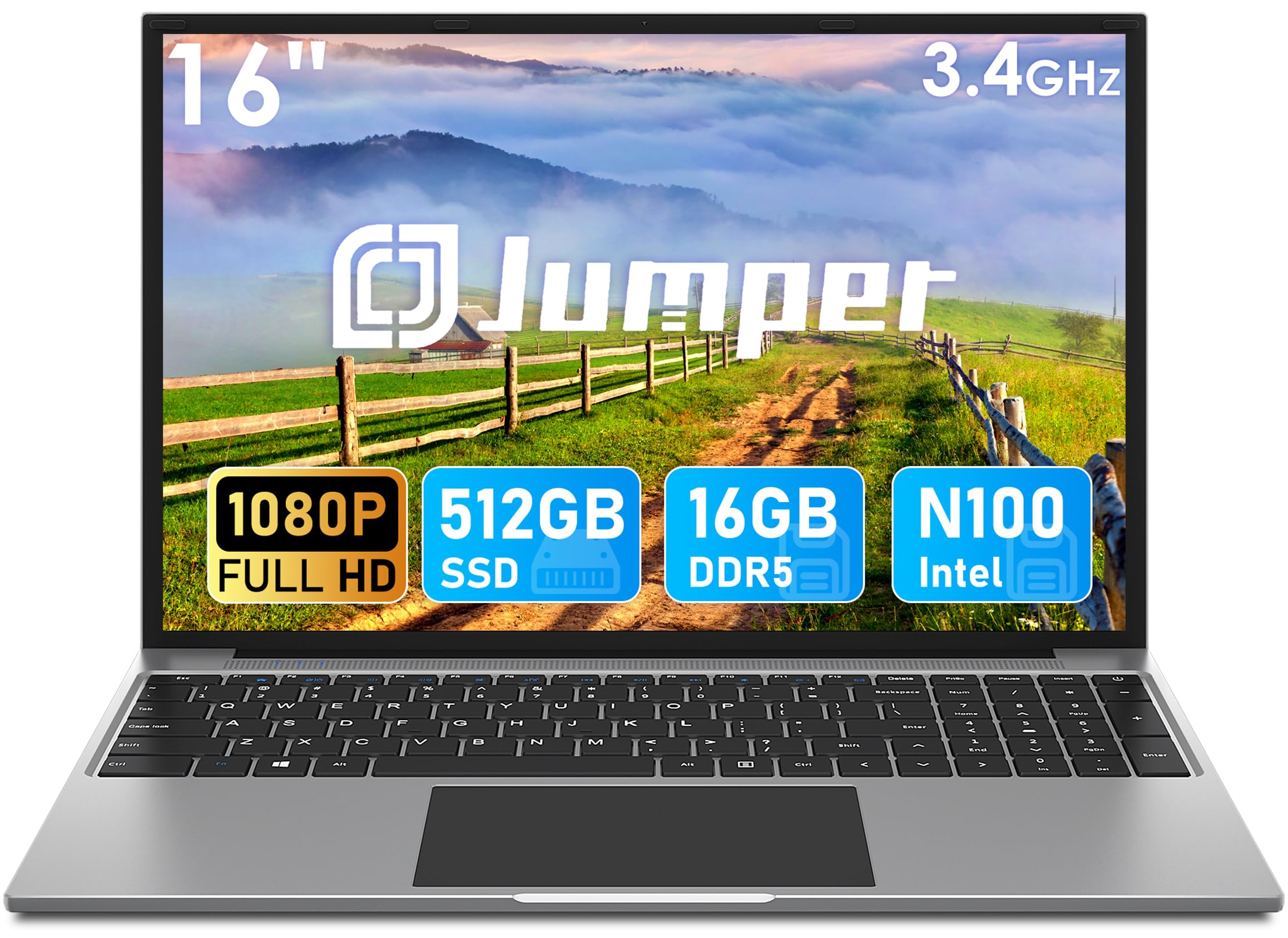 jumper Laptop Computer 16", Laptops Quad Core N100 CPU(Up to 3.4G), FHD IPS 1920x1200 Display, 16GB DDR5 512GB SSD, Lap Top with 2.4G+5G WiFi, Cooling System, 4 Stereo Speaker, 38WH Battery.
