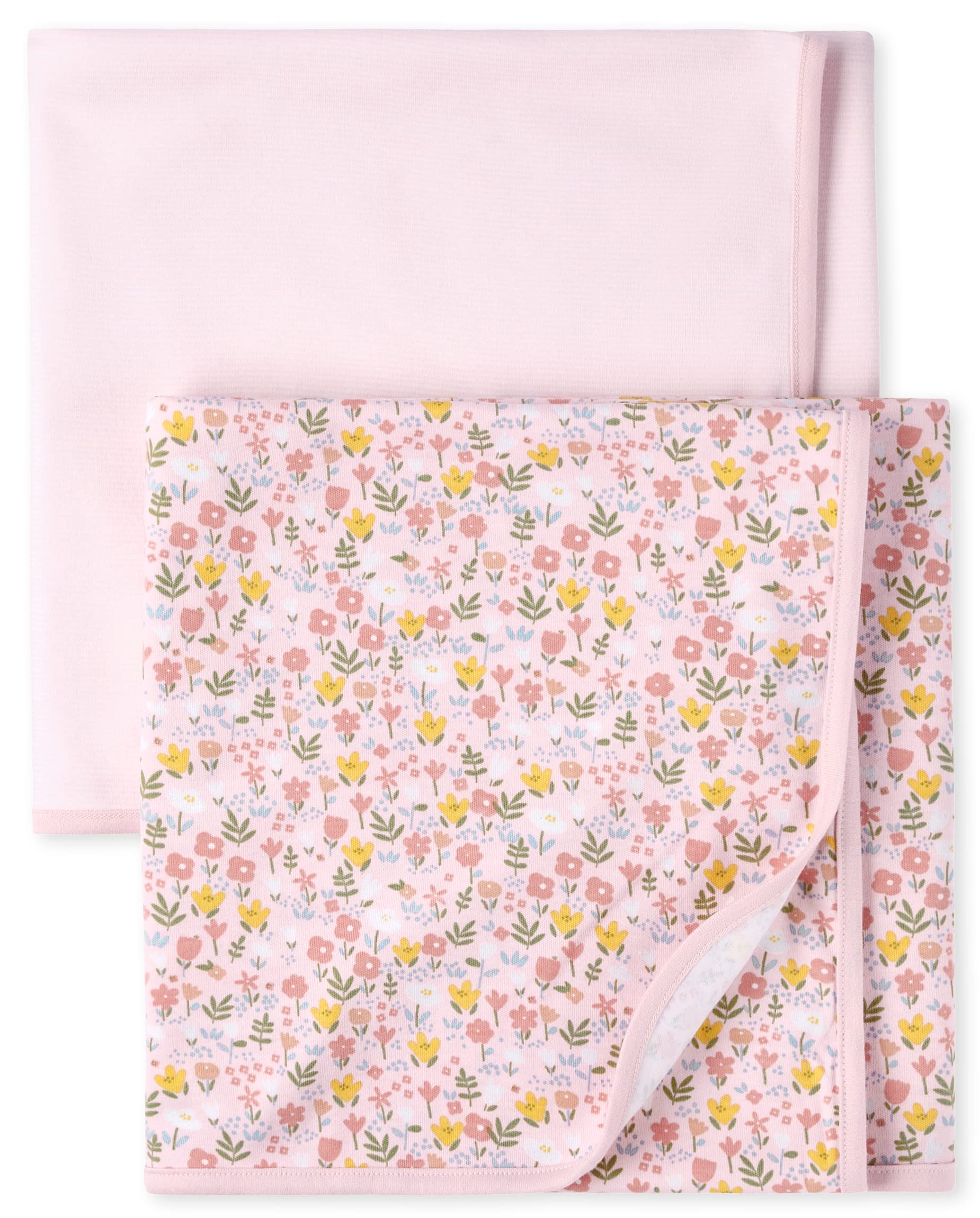 The Children's Place Baby Girls' Swaddle Blankets 2-Pack, Pale Pink Striped/Floral, ONE Size