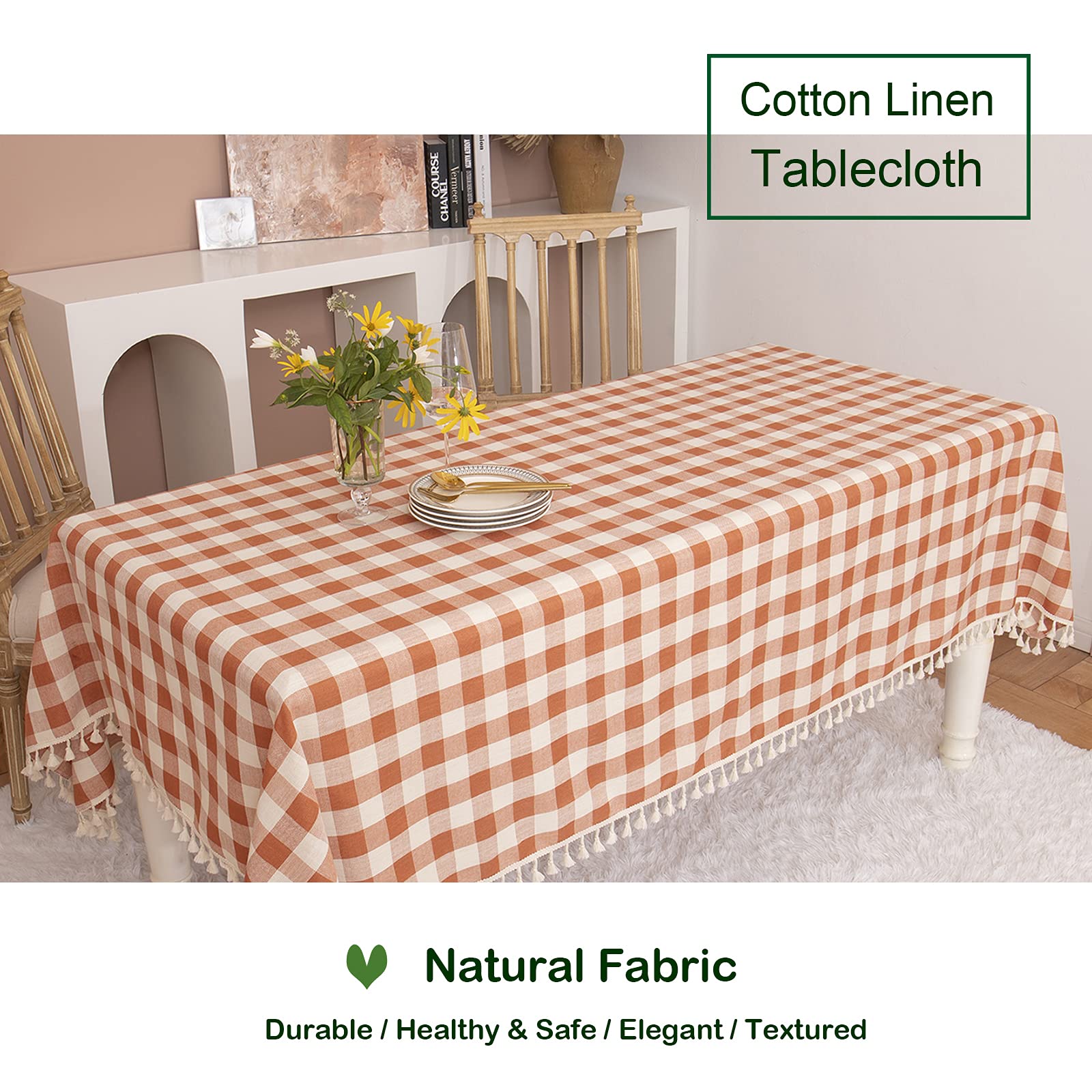 Midsummer Breeze Rustic Gingham Tablecloth, Cotton Buffalo Plaid Table Cloth for Fall Thanksgiving Christmas Kitchen Restaurant Holiday Outdoor Picnic Decoration(Rectangle/Oblong, 55x84,Orange