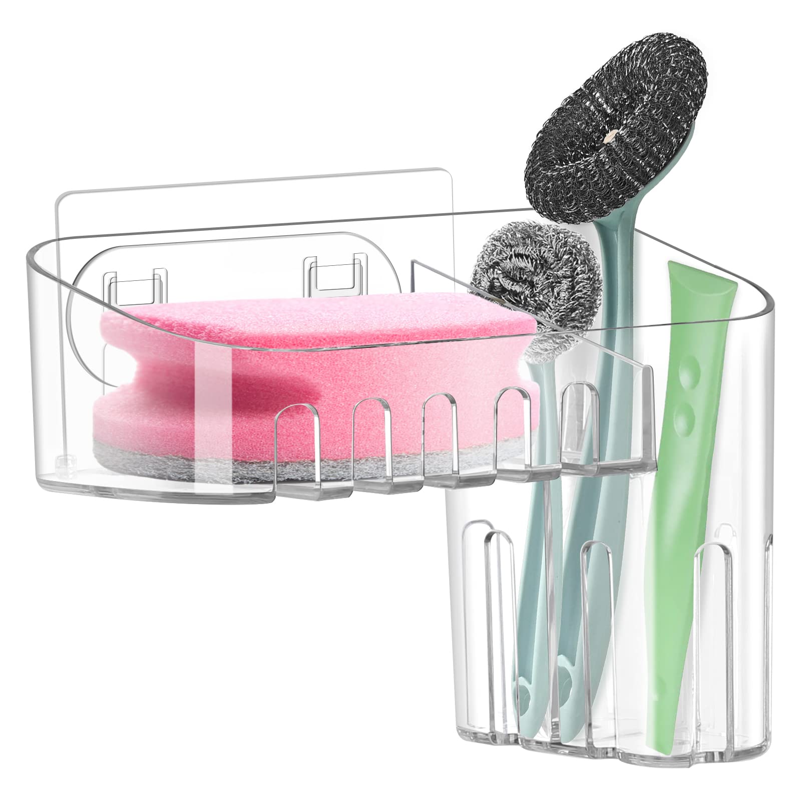 Lunmore Kitchen Sink Caddy, Plastic Sponge and Brush Holder, Adhesive Sink Organizer for Bathroom, Kitchen (Transparent)