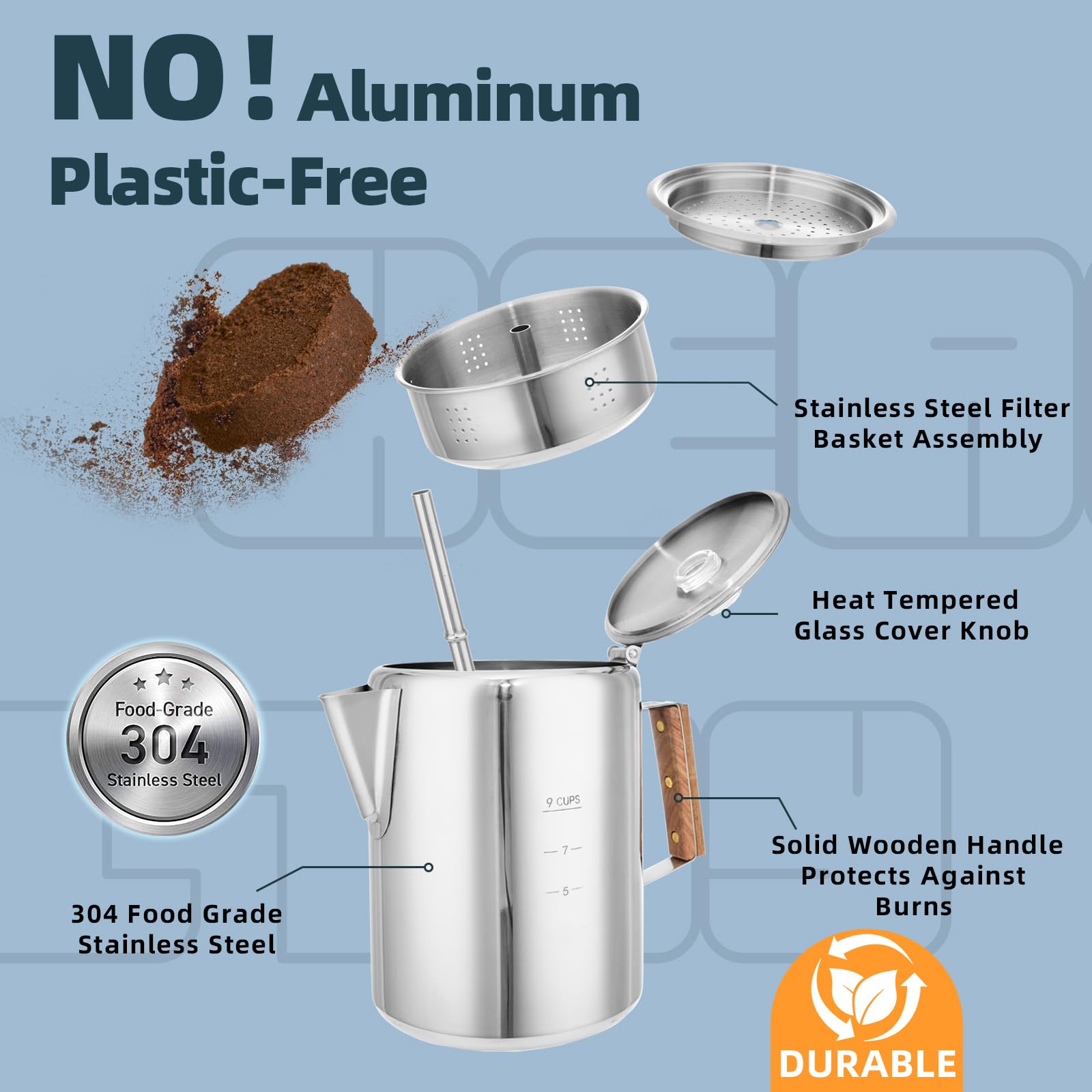 MEREZA Camping Coffee Pot Stovetop Coffee Maker Percolator Campfire Coffee Pot Stainless Steel Coffee Pot Camping Outdoors Home 9 Cup No Aluminum & Plastic Fast Brew