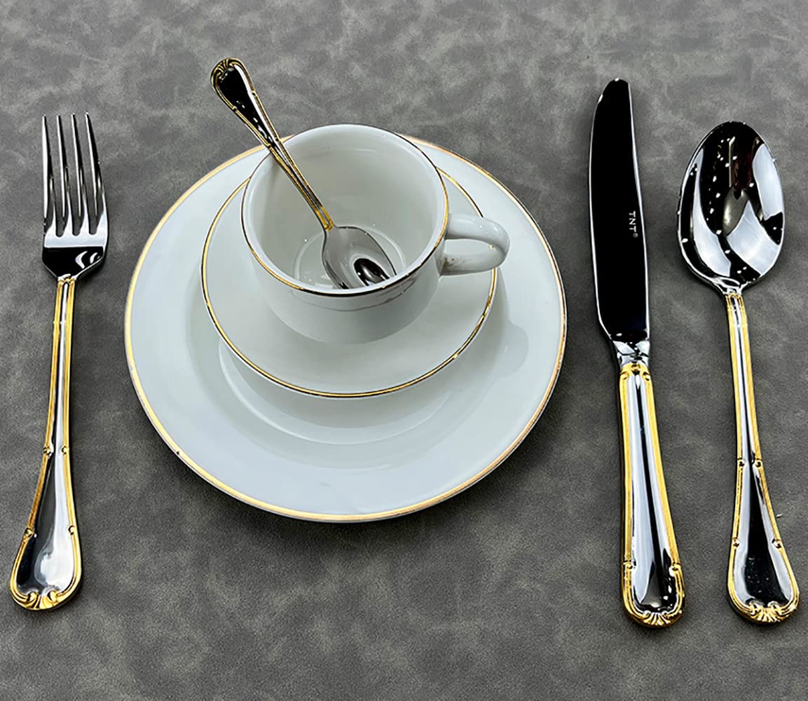 Luxury Silverware Set for 6, Retro Royal Palace Style Stainless Steel Flatware Cutlery with Gold-Plated Trim, 24-piece Eating Tableware for Wedding Home Kitchen Hotel Restaurant