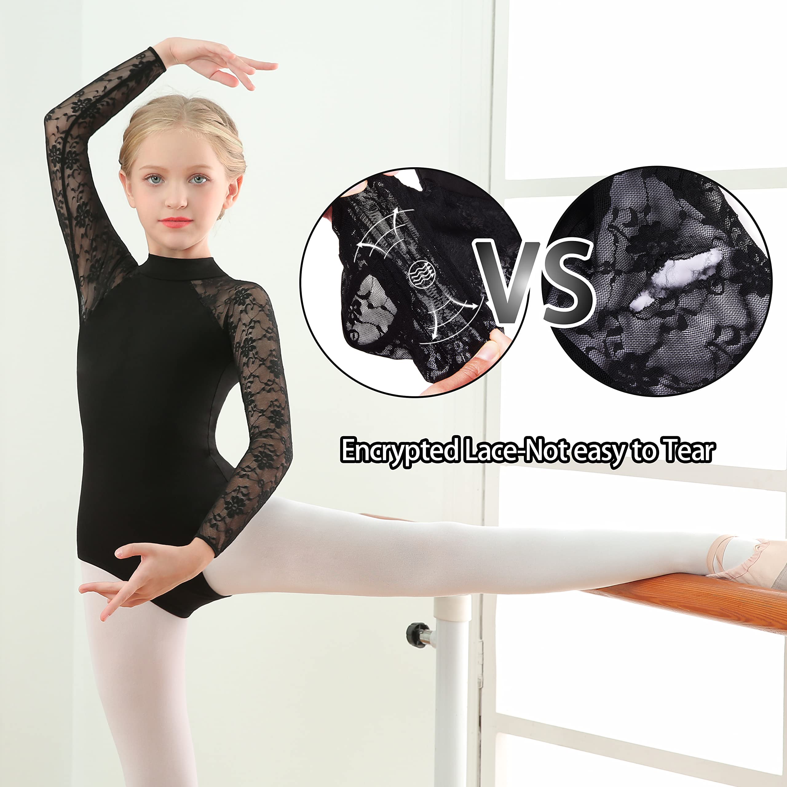 MOLLDAN Girls Dance Ballet Leotard with Lace Long Sleeves Kids Turtle Neck Dancewear,Hollow Back(QT6029-06-XXL)