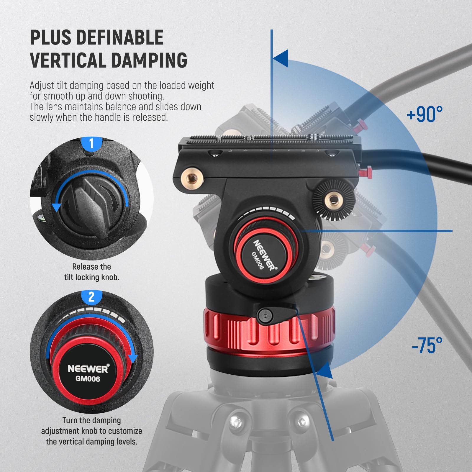 NEEWER Pro Video Tripod Fluid Head with Stepless Adjustable Pan & Tilt Damping, All Metal Heavy Duty QR Plate Compatible with DJI RS Gimbals Manfrotto, Handle, β75mm Base, Max Load 22lb/10kg, GM006