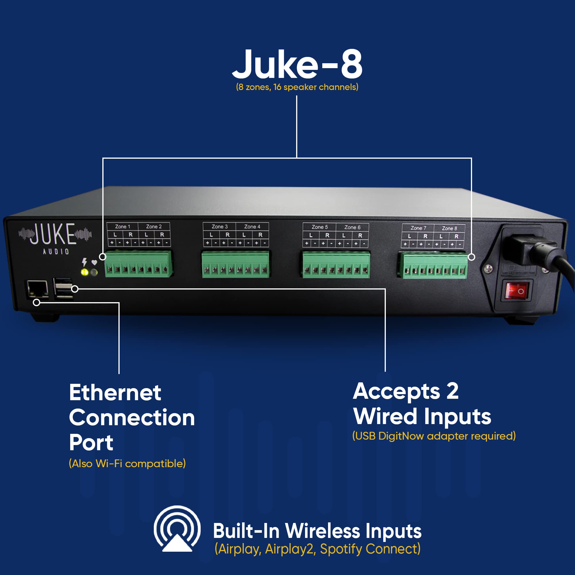 Juke-8 | 8 Zone,16 Channel, Amplifier | Multi-Room Audio Streaming via Airplay, Spotify Connect, DLNA