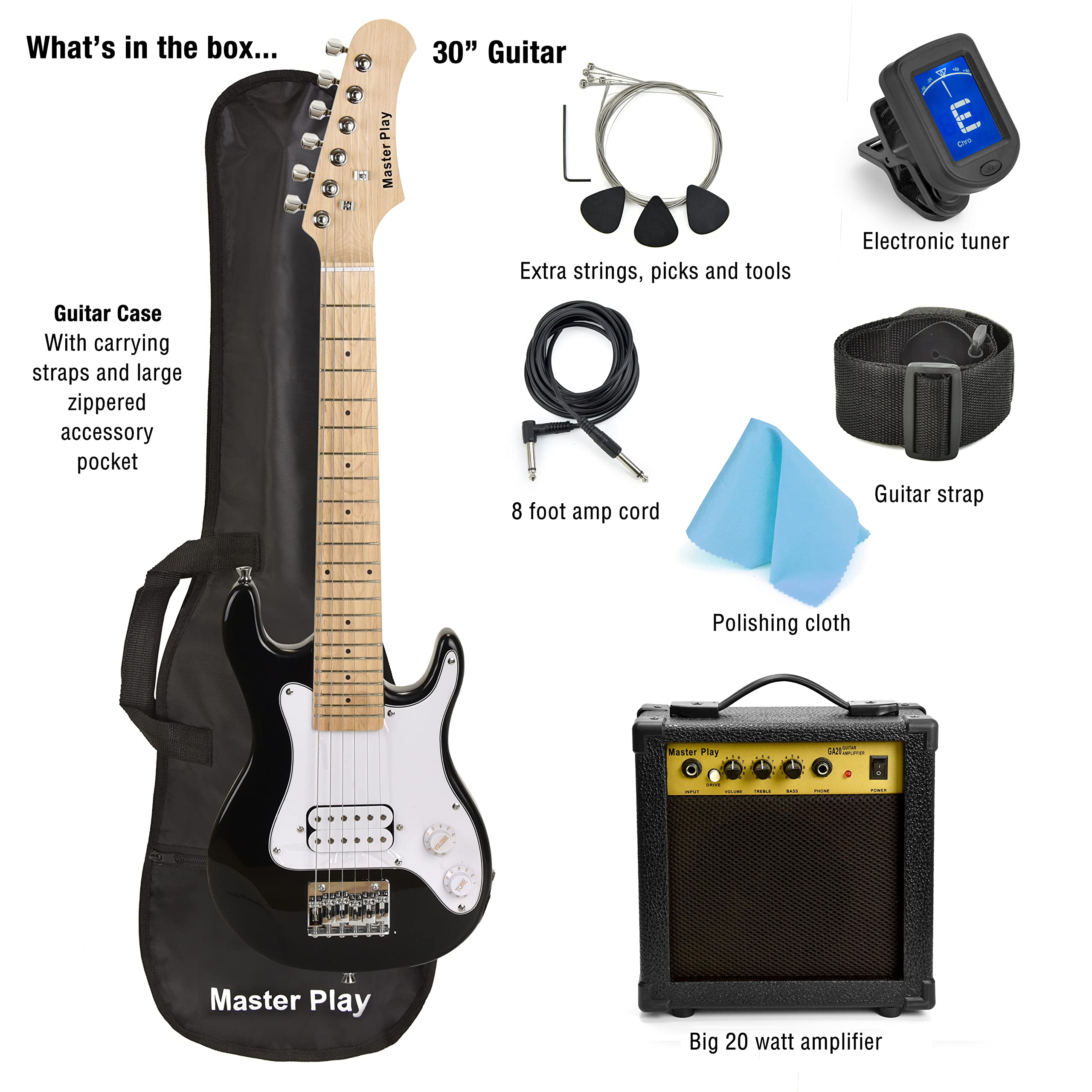 Master Play 30 Inch Electric Guitar,For Kids/beginner With Complete Starter Kit, 20 Watt Amp, 6 Extra String, Picks, Gig Bag, Shoulder Strap, Digital tuner, Cable, Wash Cloth