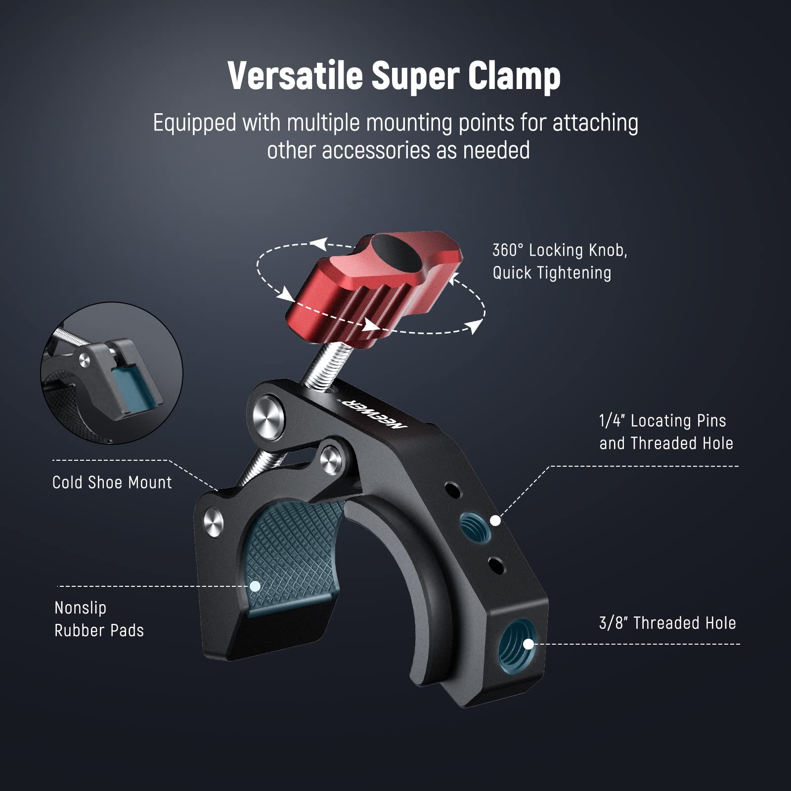 NEEWER Super Clamp with Cold Shoe and 1/4" 3/8" Threaded Holes, Max Load 4.4lb/2kg, Crab Shaped Camera Clamp Mount for Most Photography Accessories, Compatible with SmallRig Magic Arms, ST81