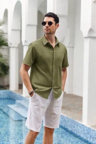 Makkrom Men's Casual Linen Button Down Shirt Guayabera Short Sleeve Summer Beach Shirt Army Green