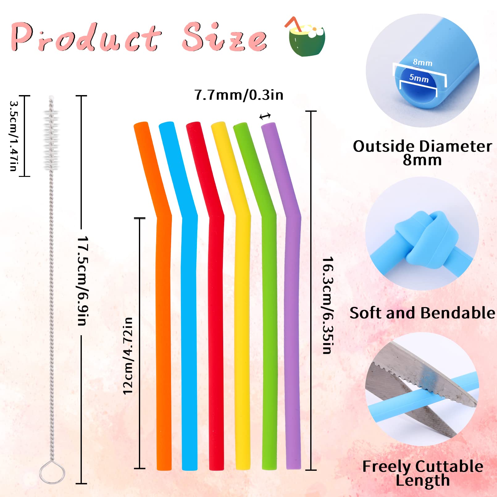 RAIBEATTY Reusable Silicone Straws,18Pcs Silicone Drinking Straws,6.7" Flexible Short Drink,BPA Free Silicone Straw for 6-12 oz Tumblers & 3 Cleaning Brush,No Rubber Taste,6 Colors