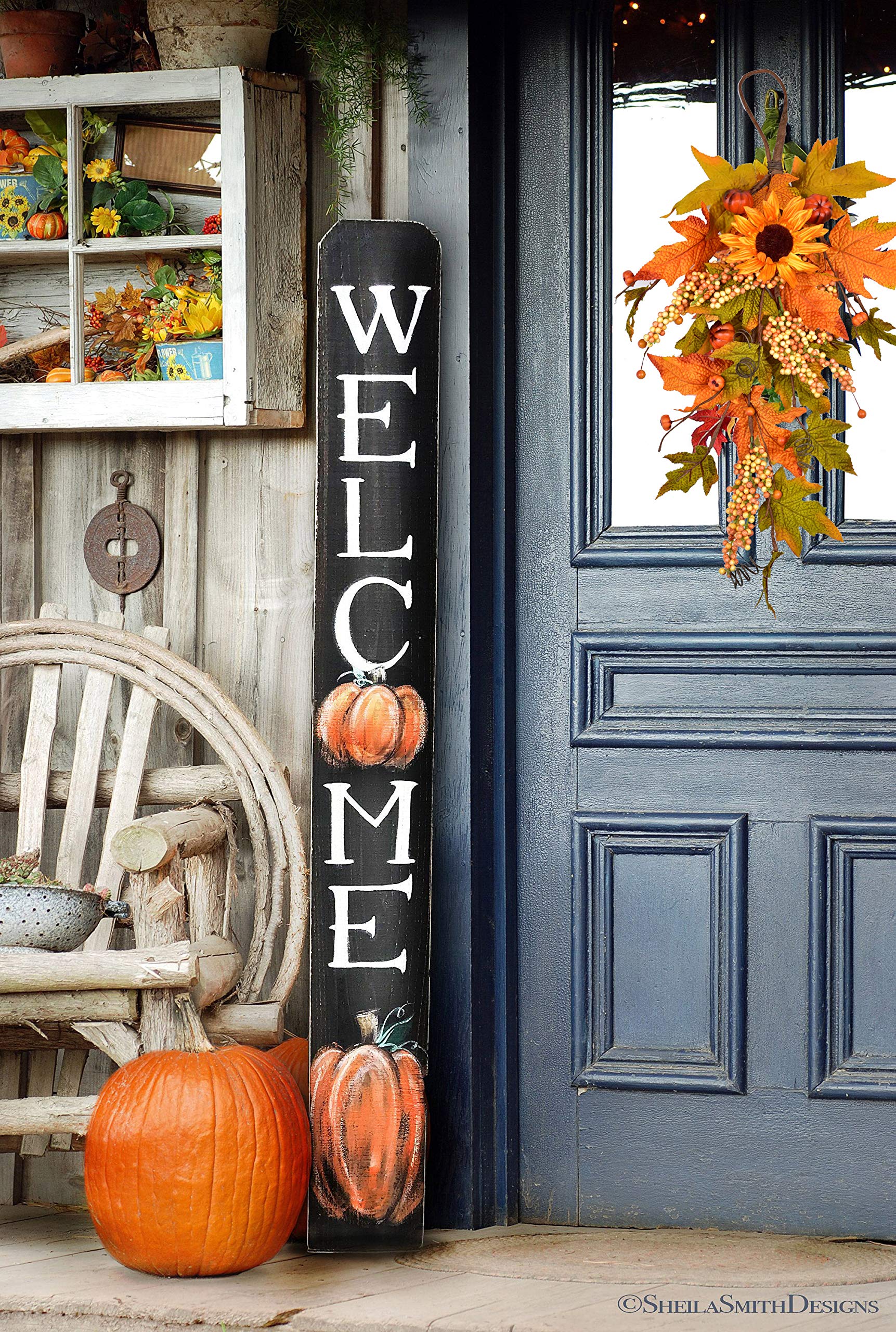 LSKYTOP 19" Artificial Sunflowers Pumpkins Maple Leaves Berries Fall Harvest Swag Autumn Swag for Thanksgiving Christmas Halloween Wall Fall Decor