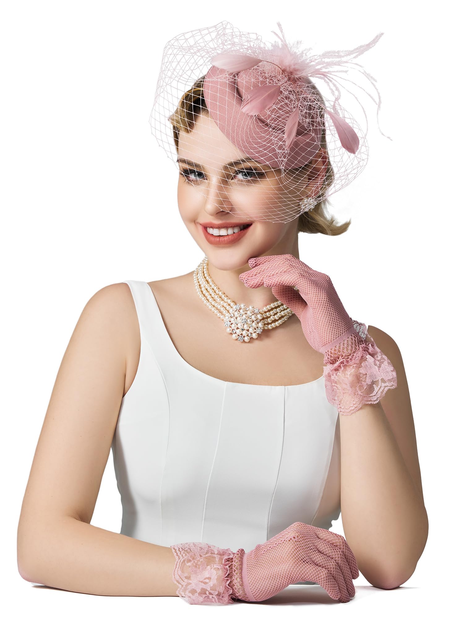 SWEETV Fascinators Pillbox Hats for Women, Tea Party Hat and Short Lace Gloves Set for Kentucky Derby, Cocktail, Wedding, Fancy Dress Party, Dusty Pink