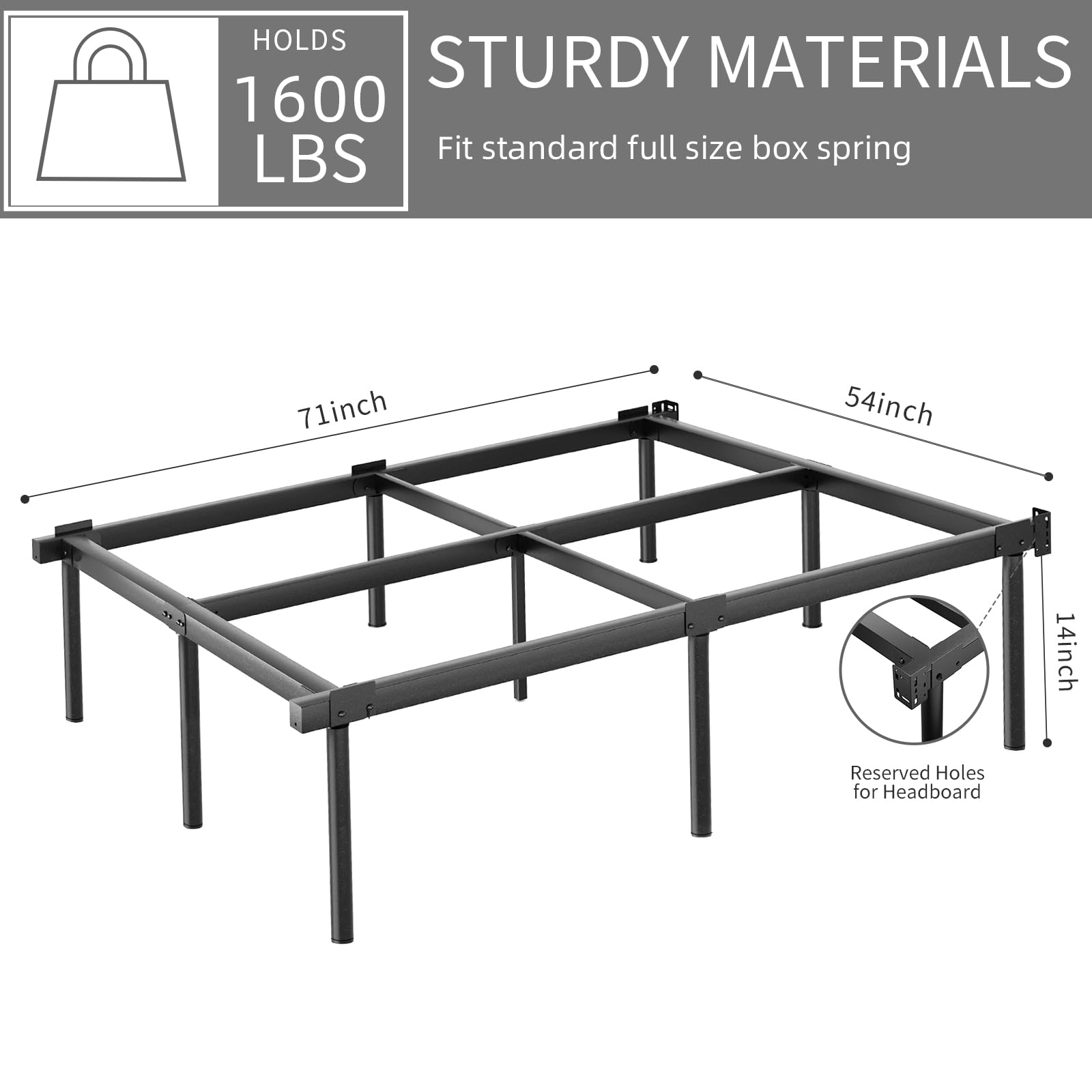 JOM Metal Bed Frame Full Size - 14 Inch Rails Bedframe for Box Spring and Mattress Simple Required Double Base Black