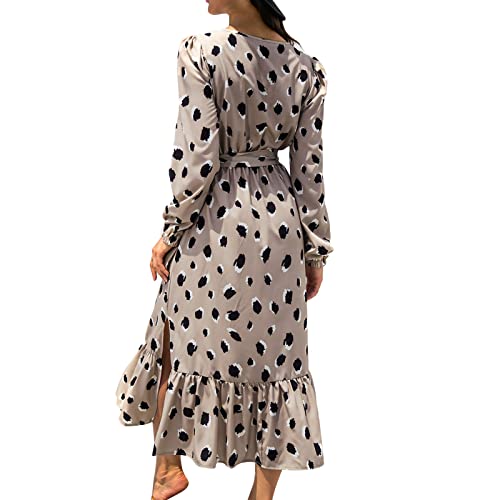 Patchwork Ruffle Dress for Women V Neck Empire Waisted Swing Dress Loose Ruched Polka Dot Long Dress