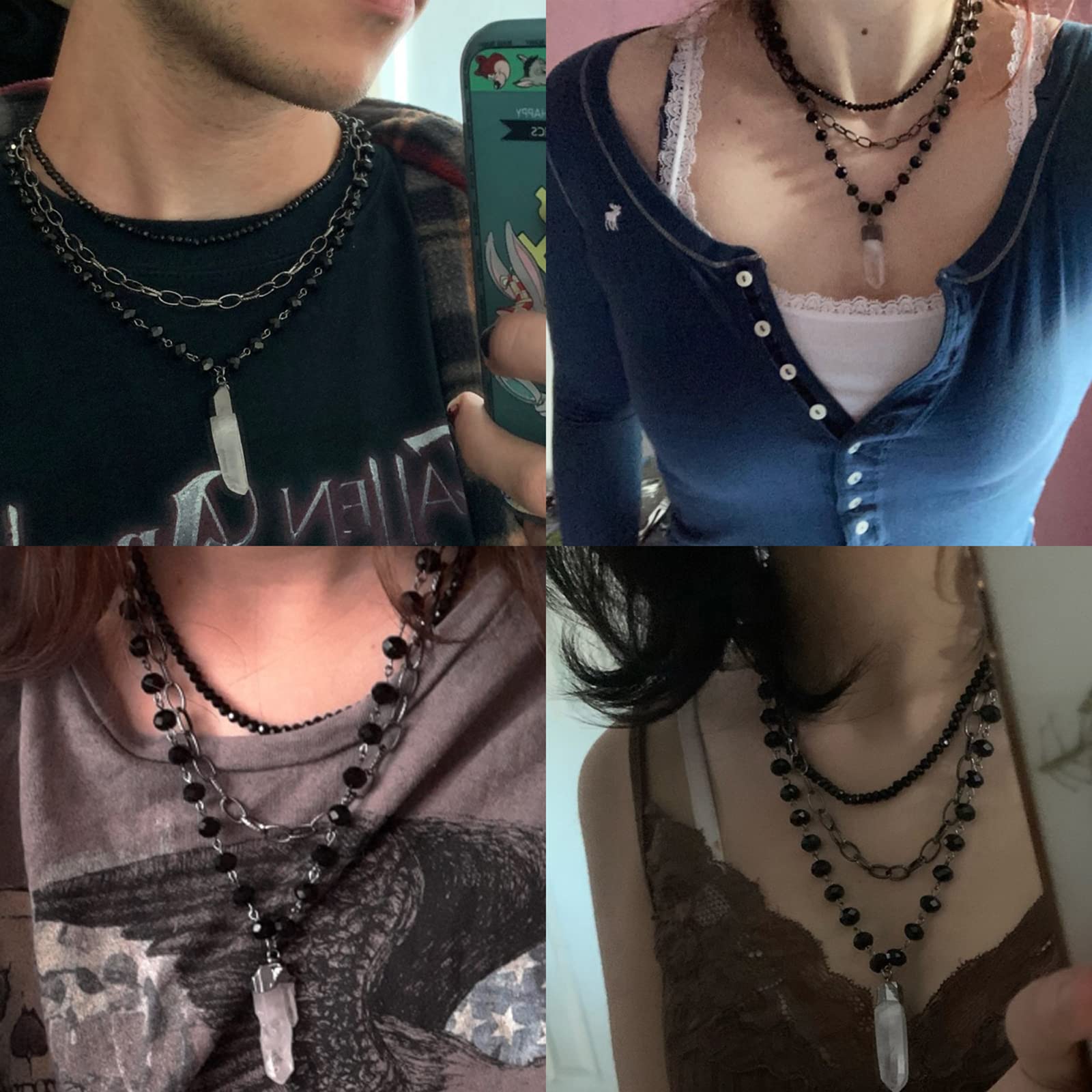 NW Grunge Necklace Gothic Punk Cross Rosary Black Beaded Crystal Goth Statement Emo Multi Layered Choker Necklace for Women