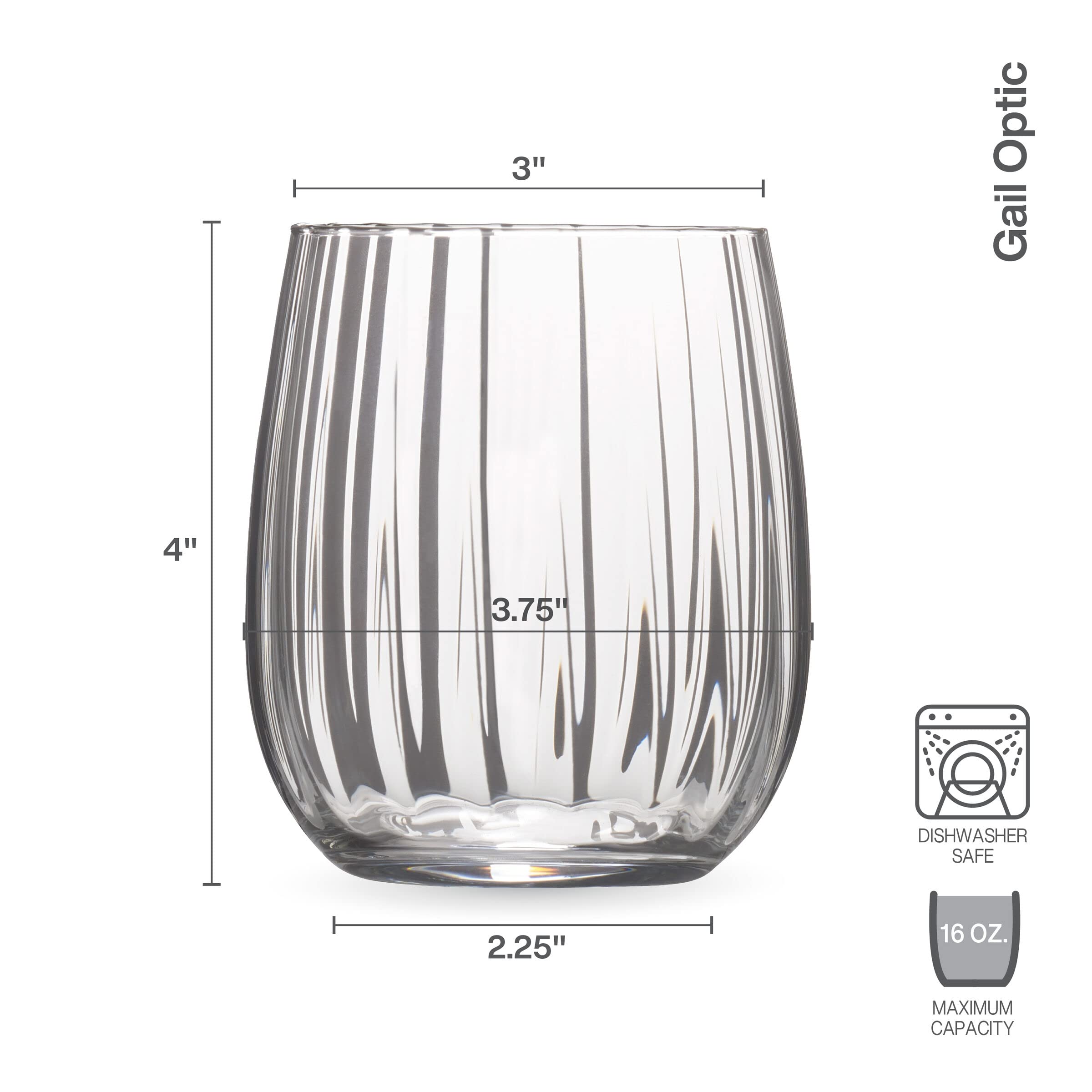 Mikasa Gail Optic Set of 4 Double Old Fashioned Stemless Glasses, 16-Ounce, Clear
