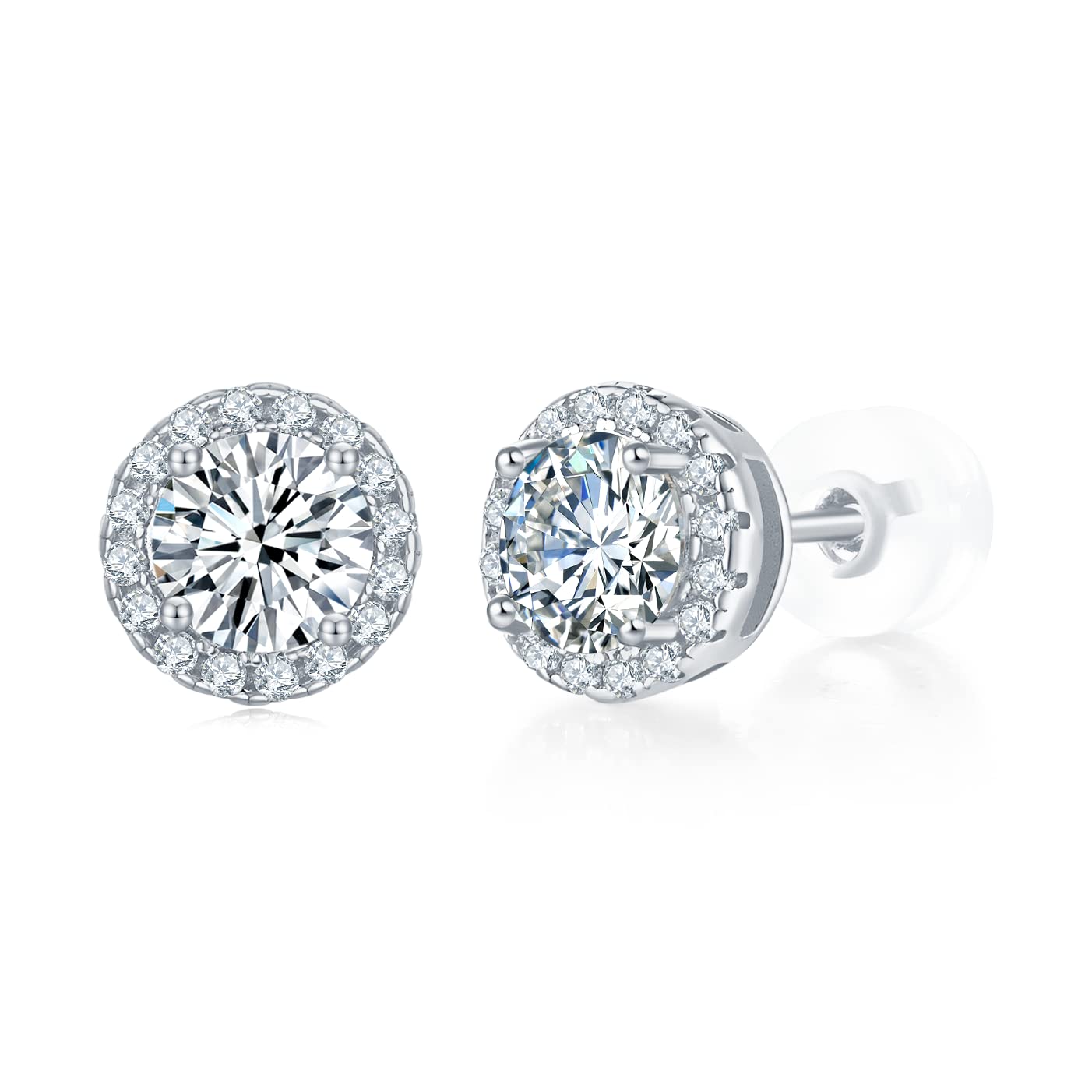 Moissanite Earrings for Women Men 18K White Gold Plated Round Cut Lab Created Diamond Halo Stud Earrings