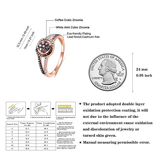 JIANGYUE Rose Gold Ring Round Chocolate Ring Cubic Zirconia Fake Wedding Engagement Rings for Women Jewelry Size 6