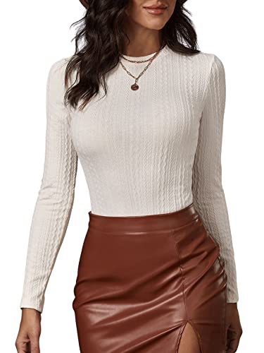 Verdusa Women's Basic Mock Neck Slim Fitted Pullovers Long Sleeve Tee Tops Cream White Textured S