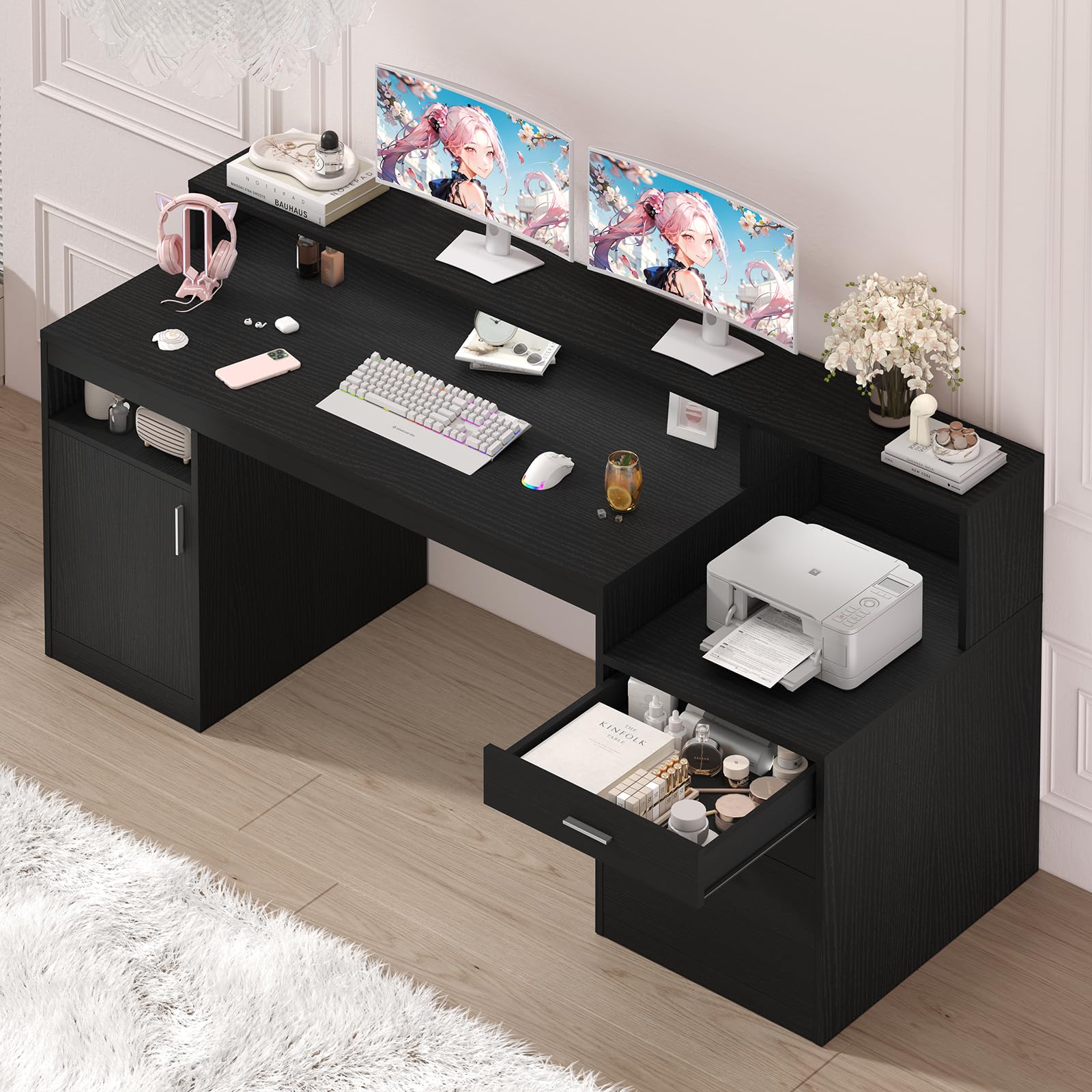 TVU 65" Computer Desk with 3 Drawers & Printer Stand, Office Desk with Monitor Stand & Storage Cabinet, Gaming Desk with Storage Shelf & Large Desktop, White Writing Desk for Home Office