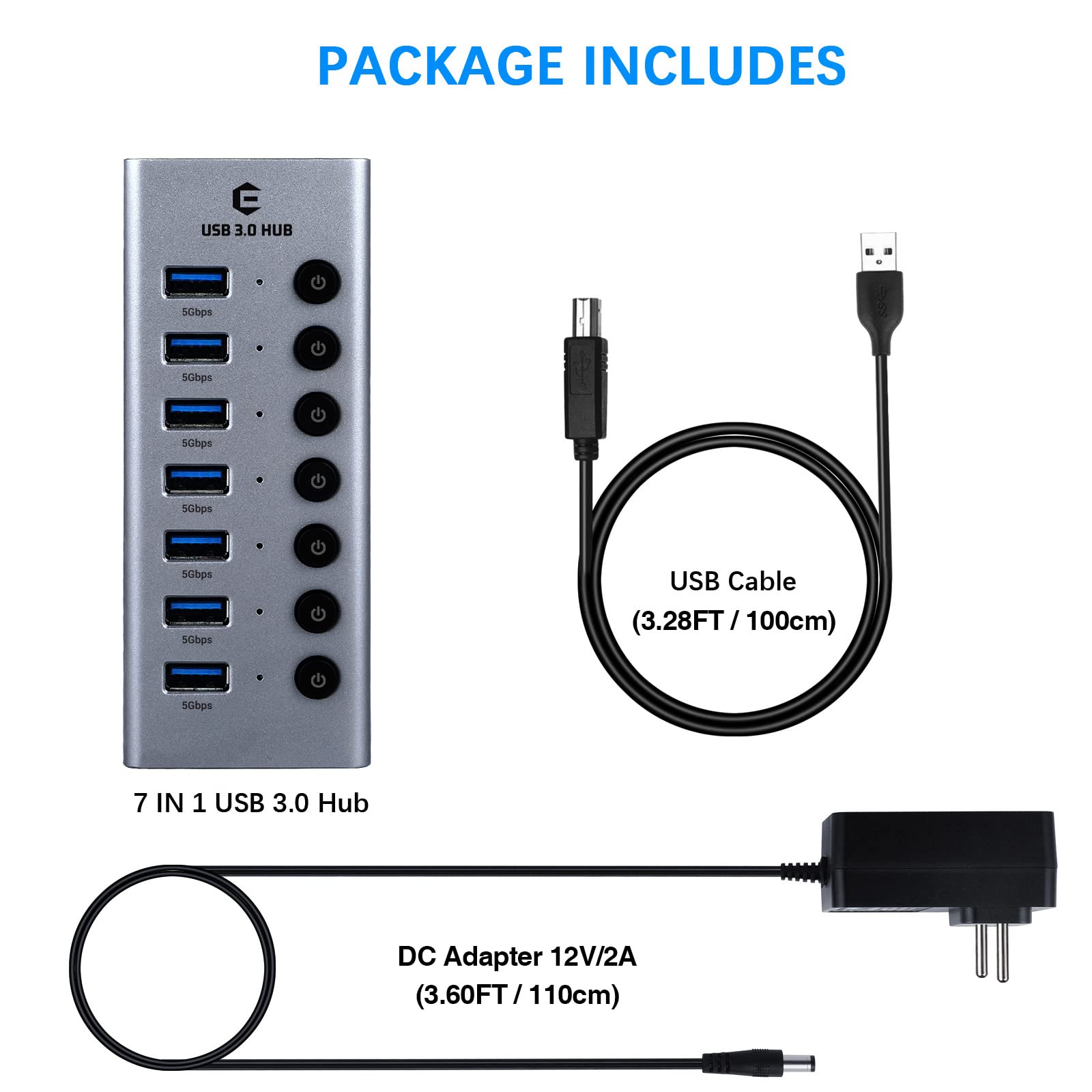 USB Hub Active 3.0 with Power Supply, 7 Ports USB Adapter Active USB Splitter 5 Gbps USB 3.0 Hub with 1 m Cable, 24 W (12 V/2 A) Power Supply Dock and Separate Switch with LED Display