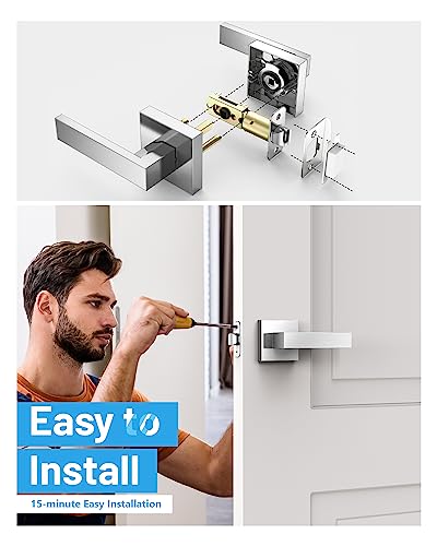 Zowill Door Handle Heavy Duty, Modern Square Door Lever, Passage Door Knobs, Reversible Interior Handles for Left Right Handled Doors for Bedroom, Bathroom and Living Room, Satin Nickel(1 Pack)
