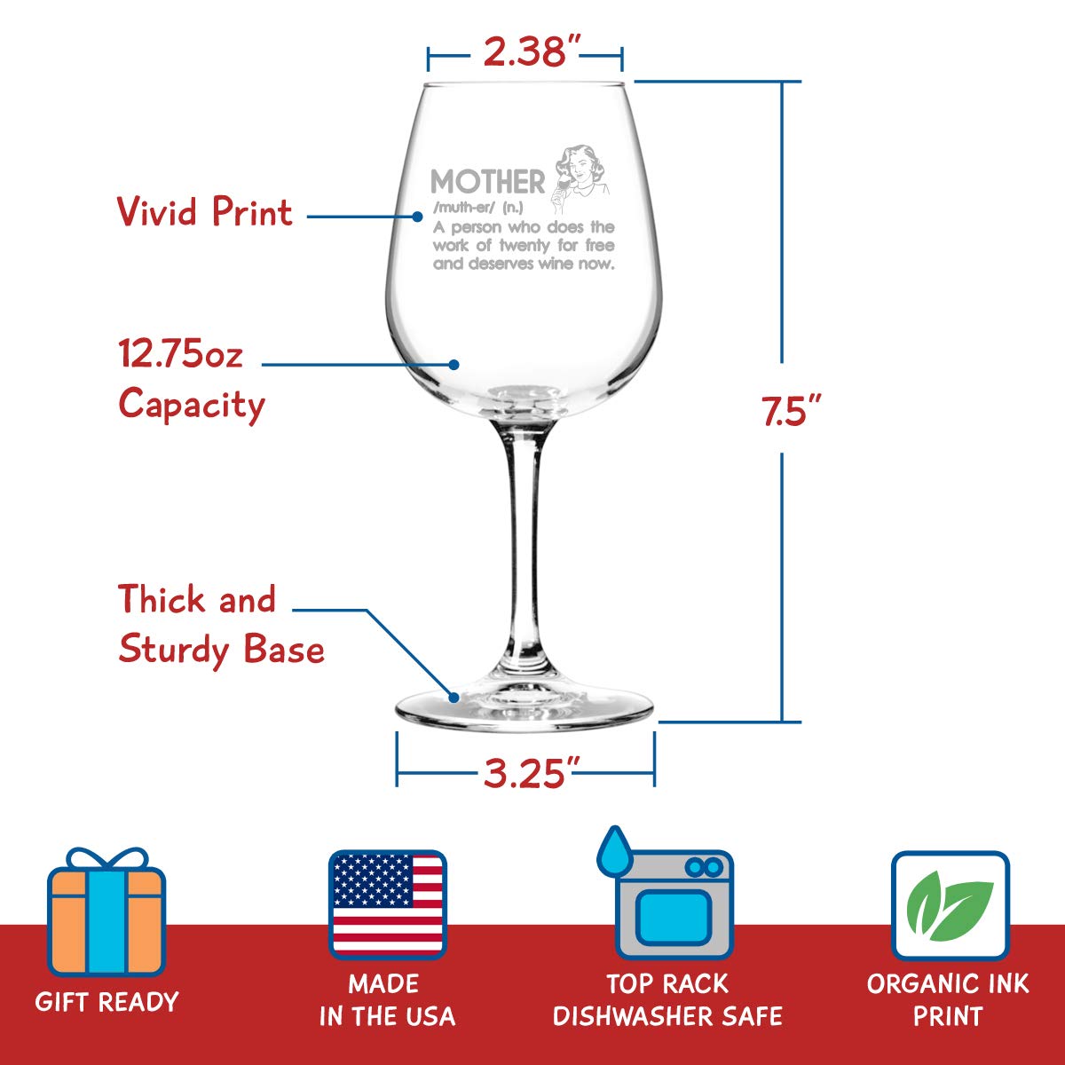 Mother Definition Funny Mom Wine Glass Gifts for Women- Premium Birthday Gift for Her, Best Friend- Unique Present Idea