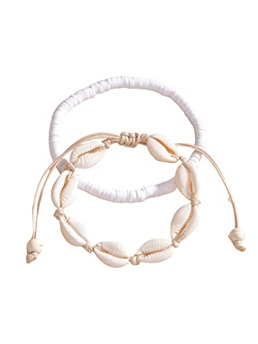 Verdusa Women's 2 Piece Ankle Bracelets Set Shell Anklet Chain Adjustable Foot Jewelry White one-size