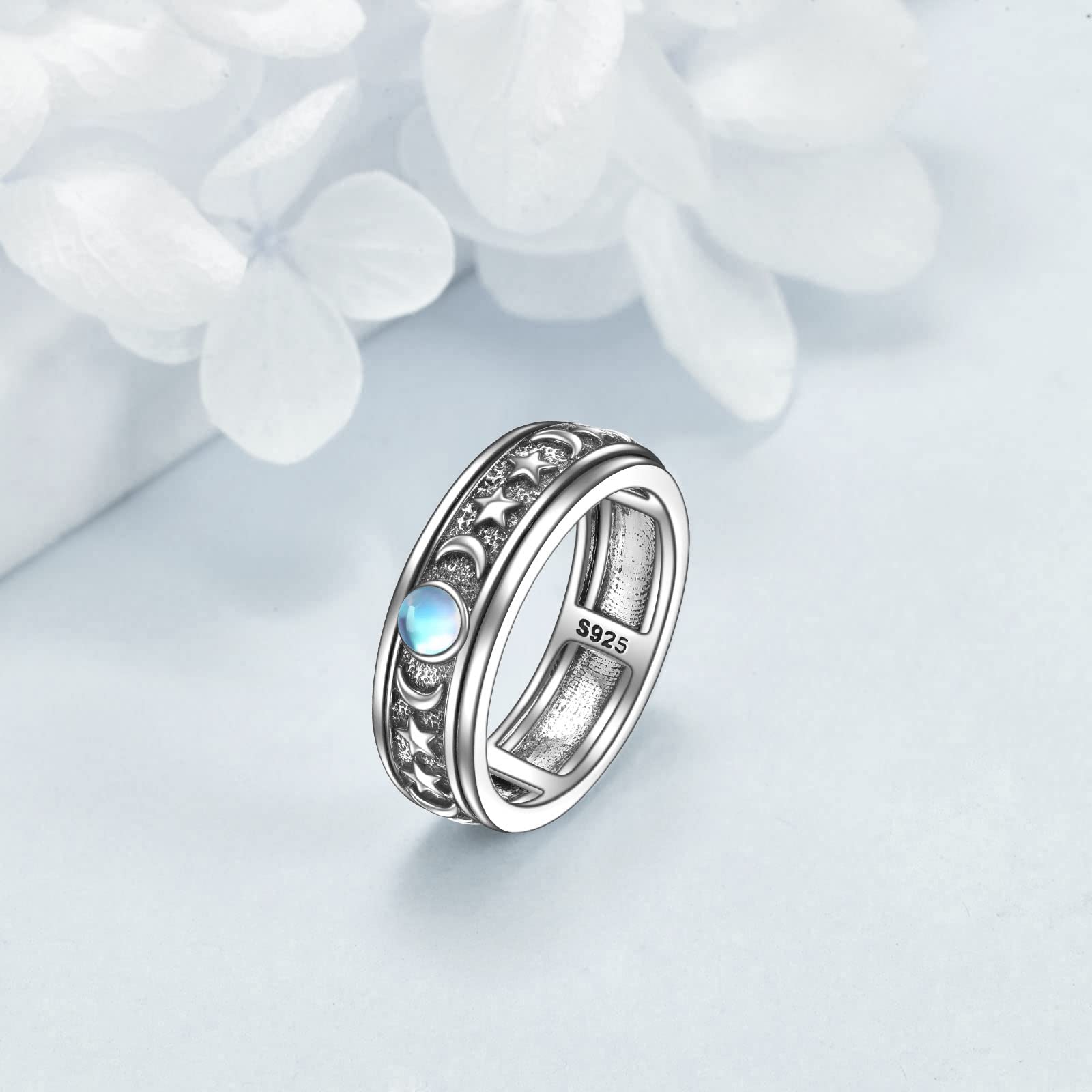 POPLYKE Sterling Silver Anxiety Spinner Rings Moonstone Moon And Star Ring Rotatable Mood Rings for Women Relieve Stress Gift(9 Size)