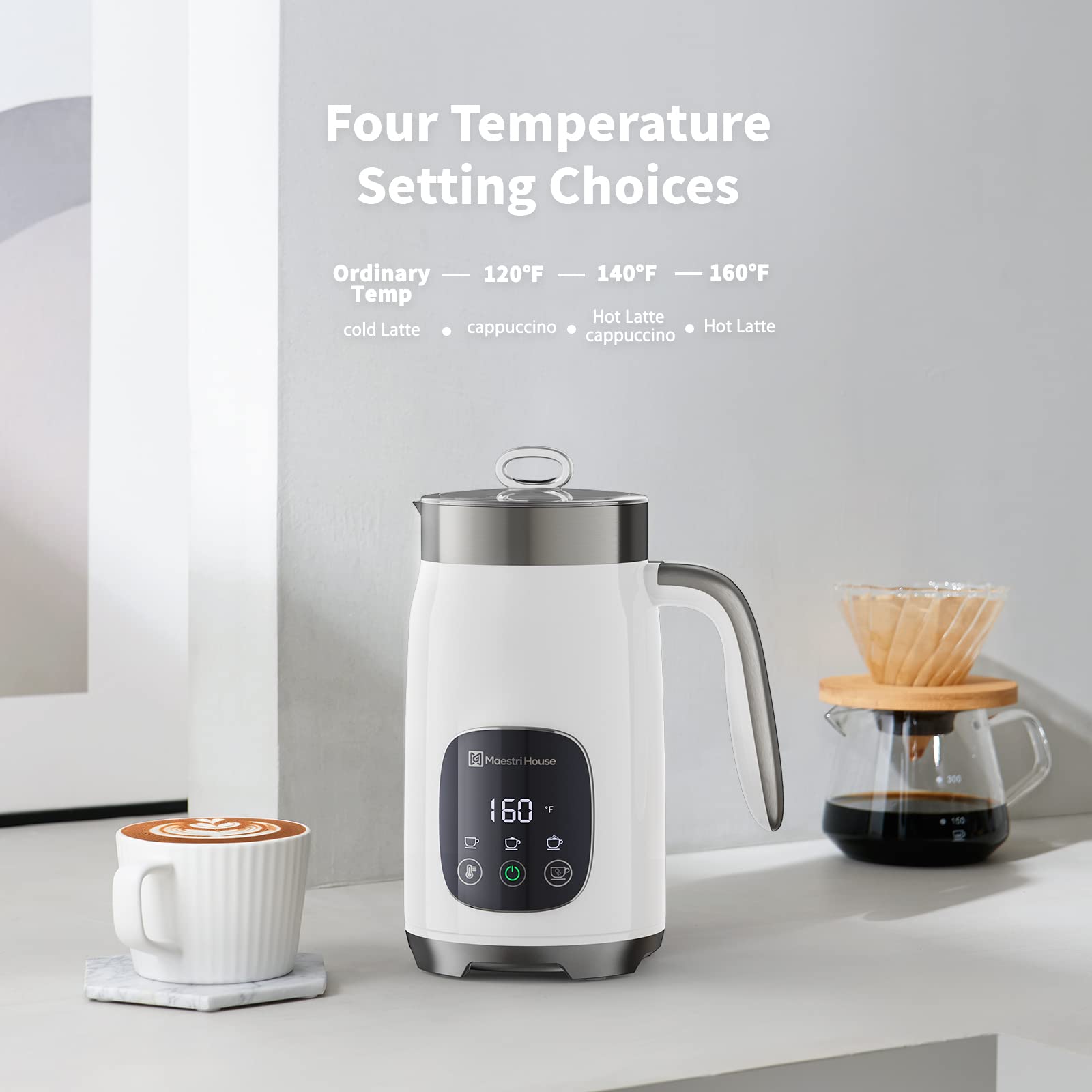 Maestri House Large Capacity Smart Adjustable Integrated Milk Frother with Temperature & Thickness Control for Lattes, Cappuccinos, and Mochas, White (Renewed)