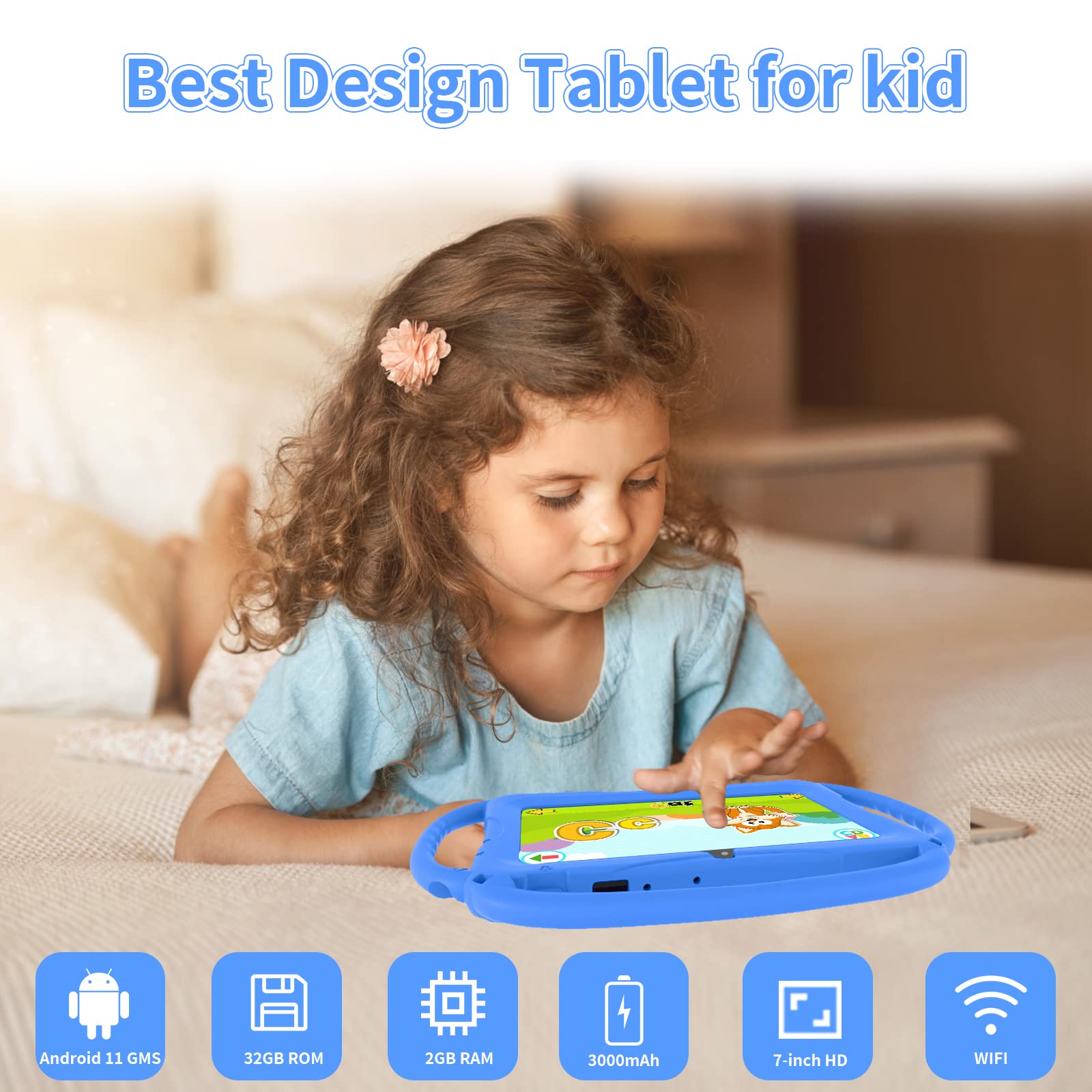 JUNINKE Kids Tablet, 7 inch Android 11 Tablet for Kids, 3GB RAM 32GB ROM Toddler Tablets, Bluetooth, WiFi, GMS, Parental Control, Dual Camera, Shockproof Case, Game (Blue)