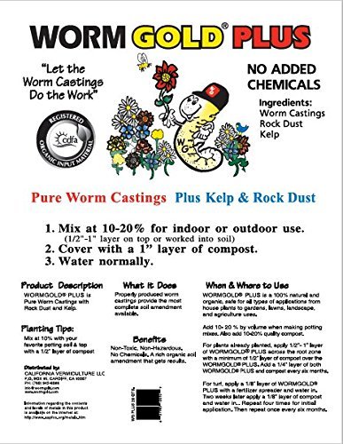 Worm Gold Plus 100% Organic Worm Castings 8qt (Approx 13lbs) Bag Size - Improves Soil Vitality Plant Yields & Roots
