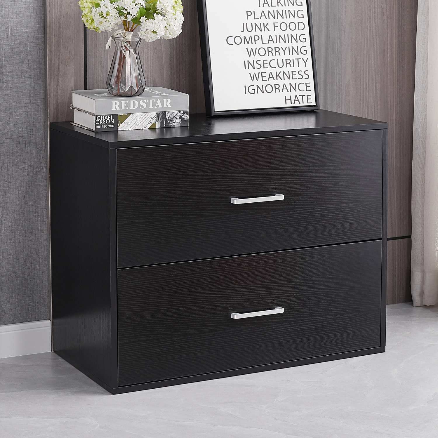 LUCYPAL Wooden lateral File cabinets with 2 Drawer,Multi-Function Large Filing Cabinets with Sliver Handle,Storage File Cabinet for Home Office,Black…