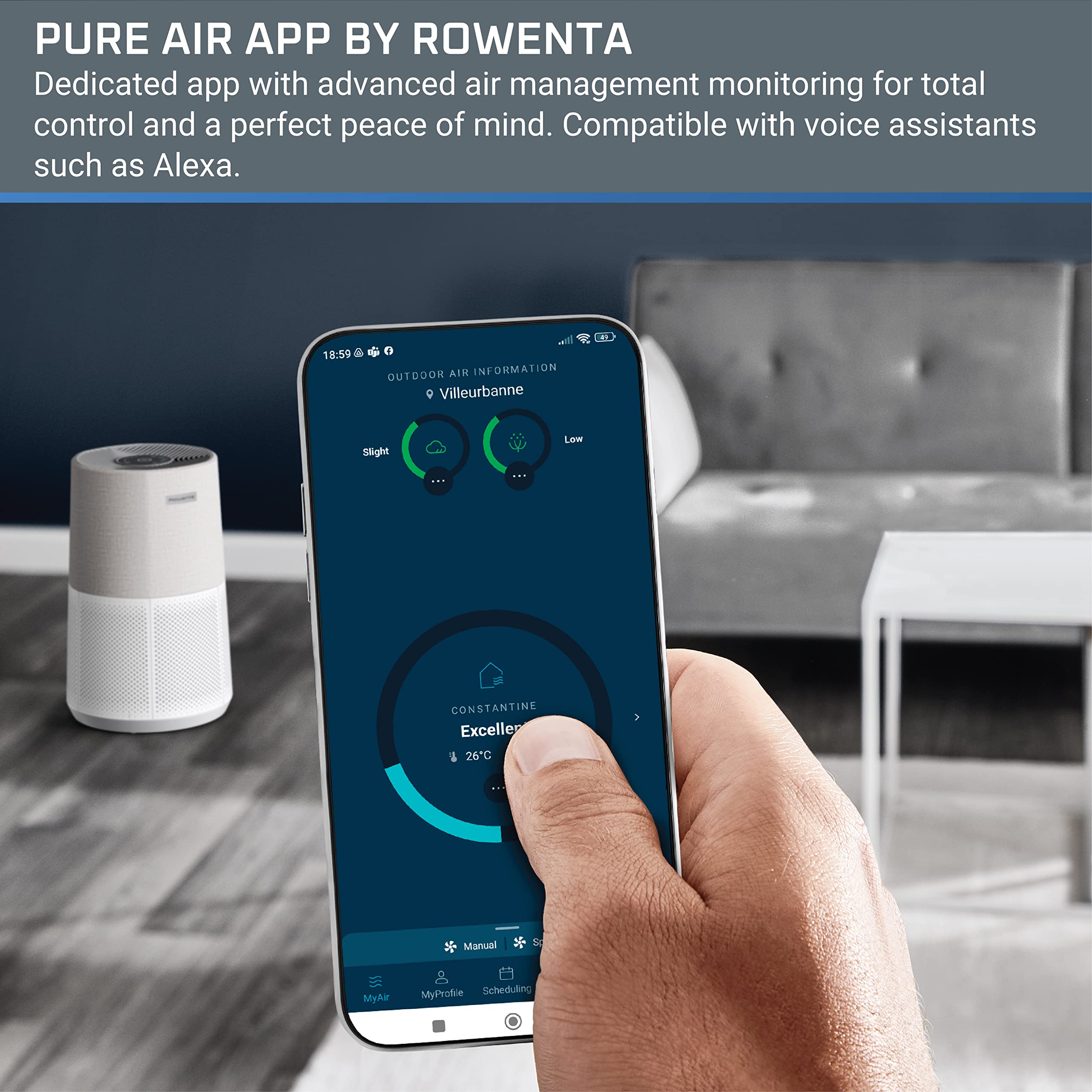 Rowenta Pure Air City Air Purifier 876 Square Foot Room Dust Pet Dander Smoke Mold Pollen Bacteria Virus Allergen, Odor Removal, for Home Office Nursery, HEPA Filter PU2840