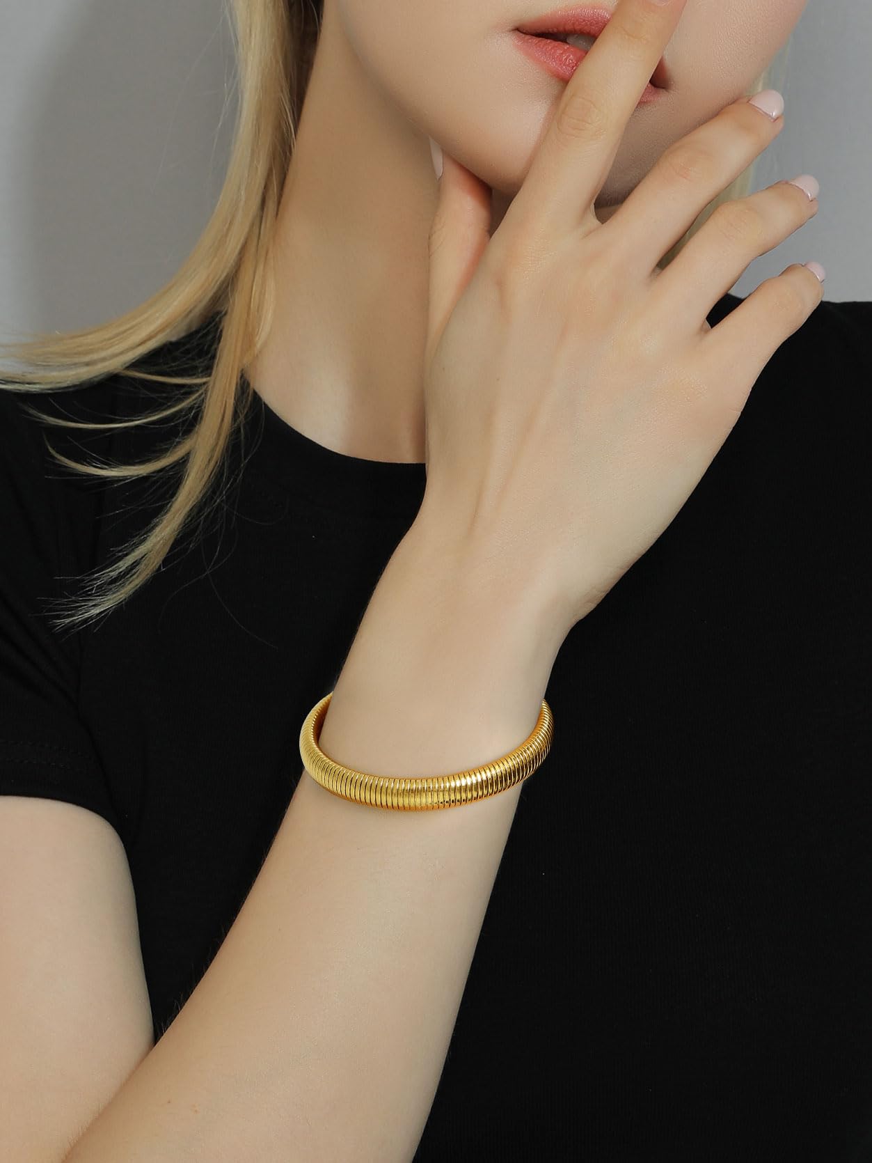 KeyStyle Gold Bangles for Women Thin Stretch Bracelets, High Polished Snake Link Flexible Bangle Bracelet (10mm wide)